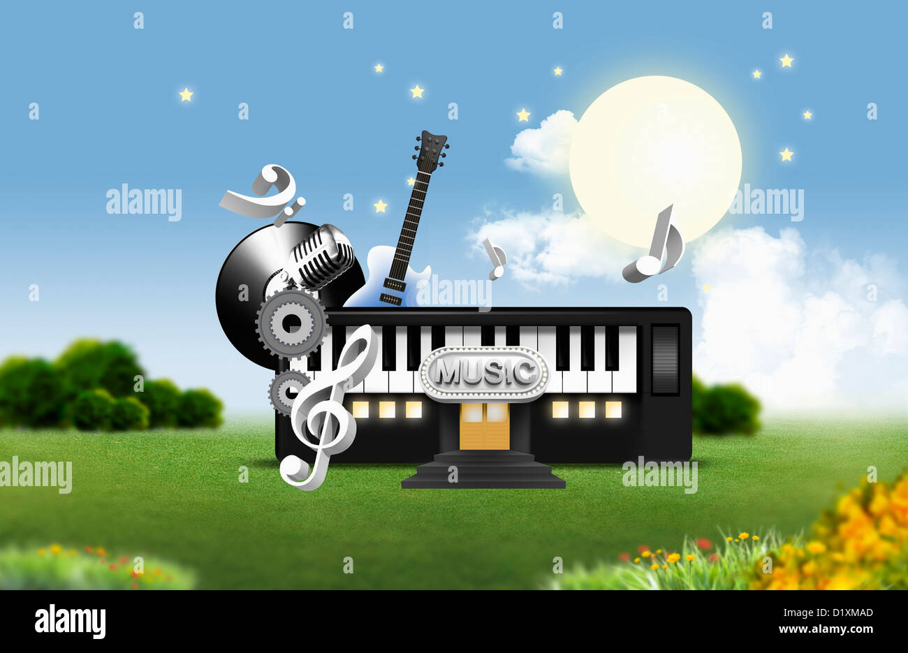 illustration of a gate with music sign on a building in shape of a ...