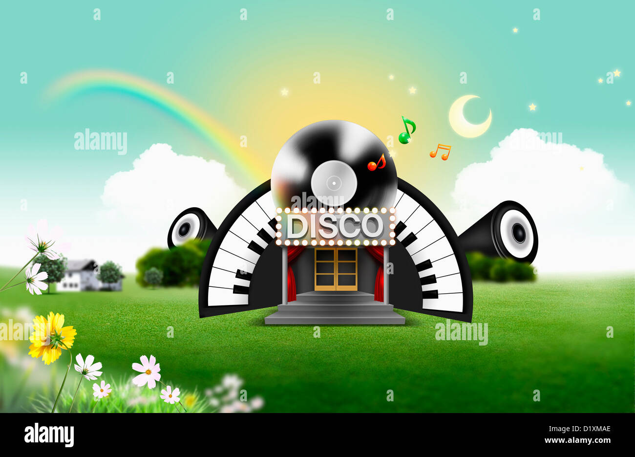 illustration of a gate with music sign on a building in shape of a ...