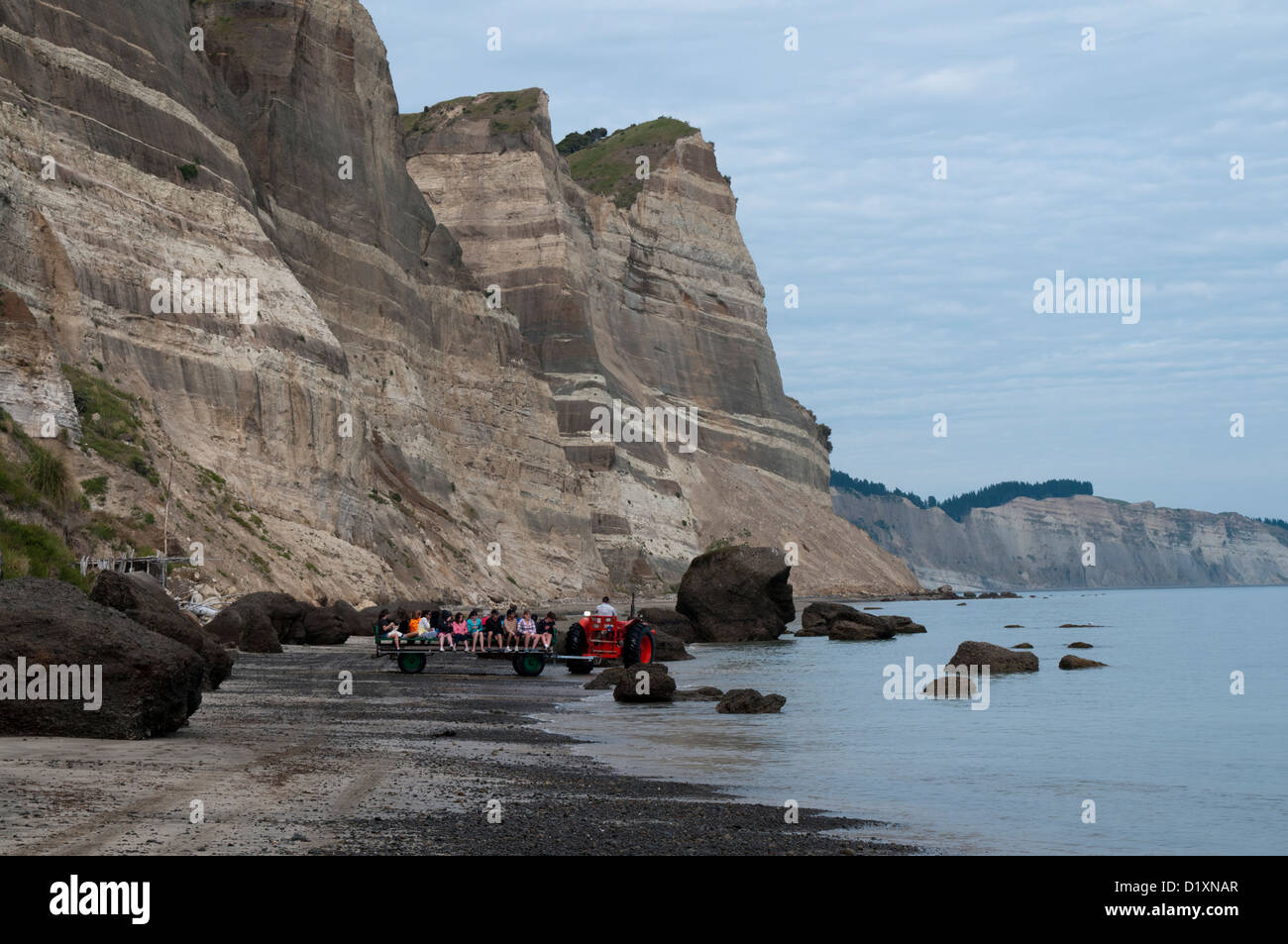Vintage tractors pulling trailers with tourists along the cliff shore ...