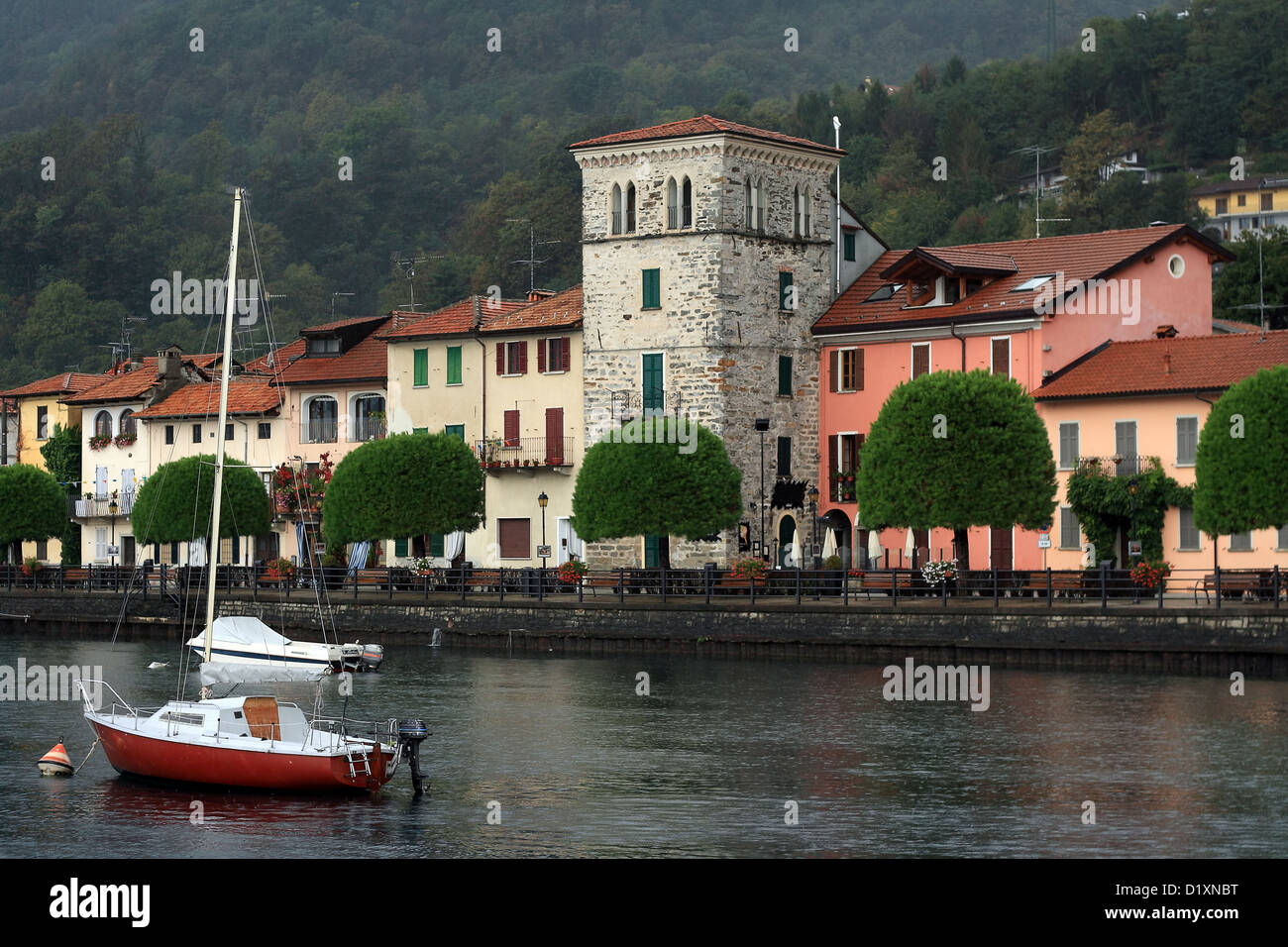 raining over the waterfront of Pella on Orta lake, Italy Stock Photo ...