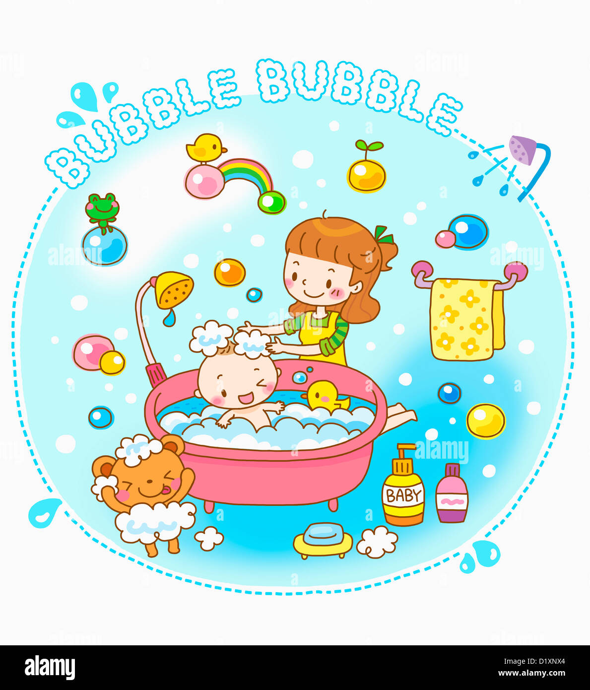 illustration of a mother bathing a baby Stock Photo - Alamy