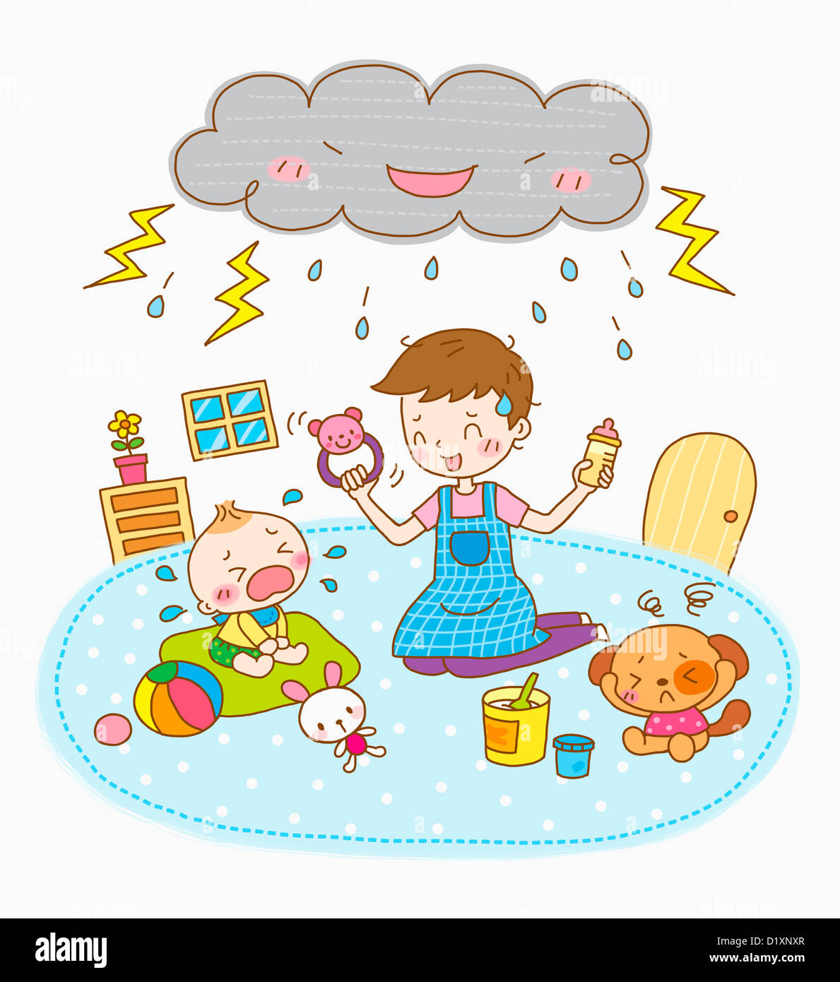 illustration of a father trying hard to play with a baby Stock Photo ...