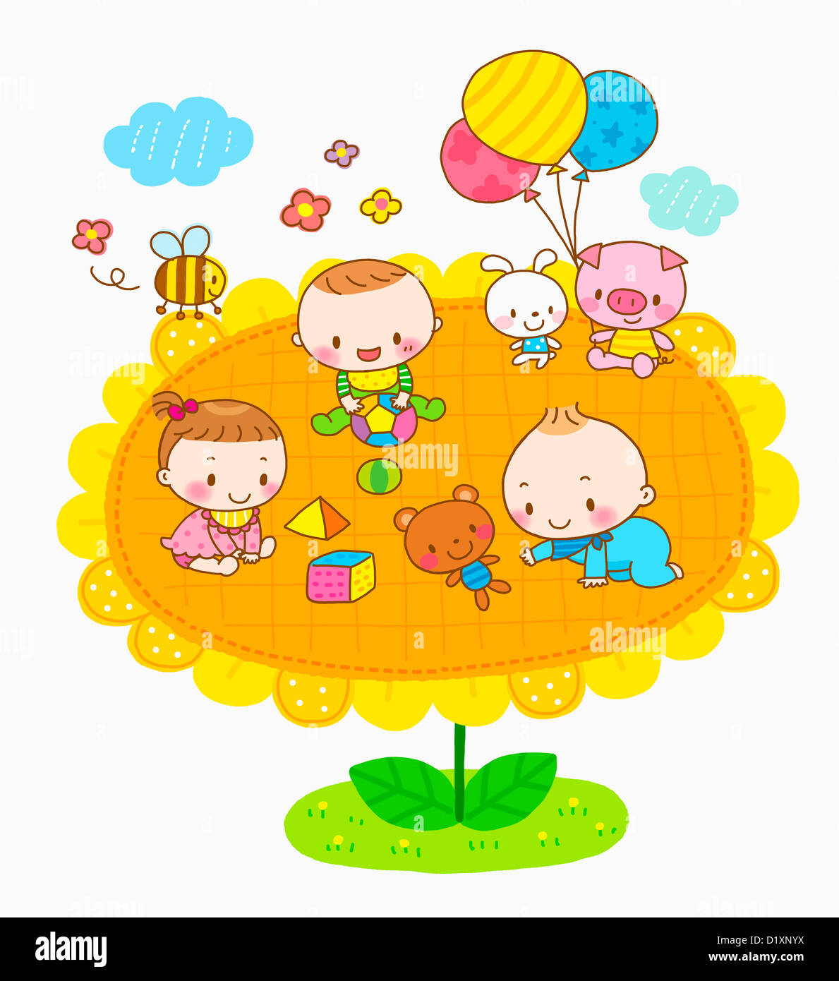 illustration of babies playing on sunflower Stock Photo - Alamy