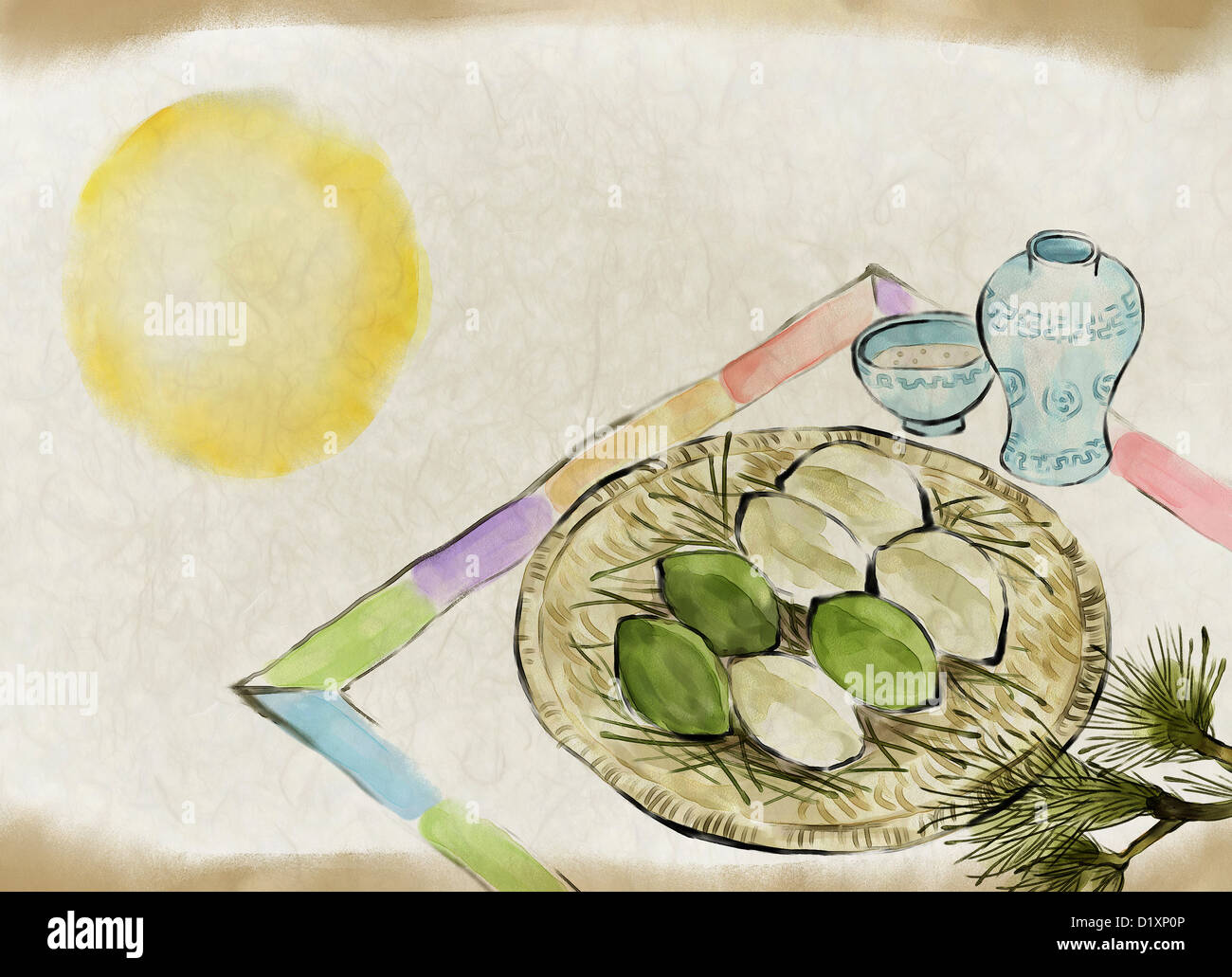 Korean illustration drawing of rice cake on a plate Stock Photo - Alamy