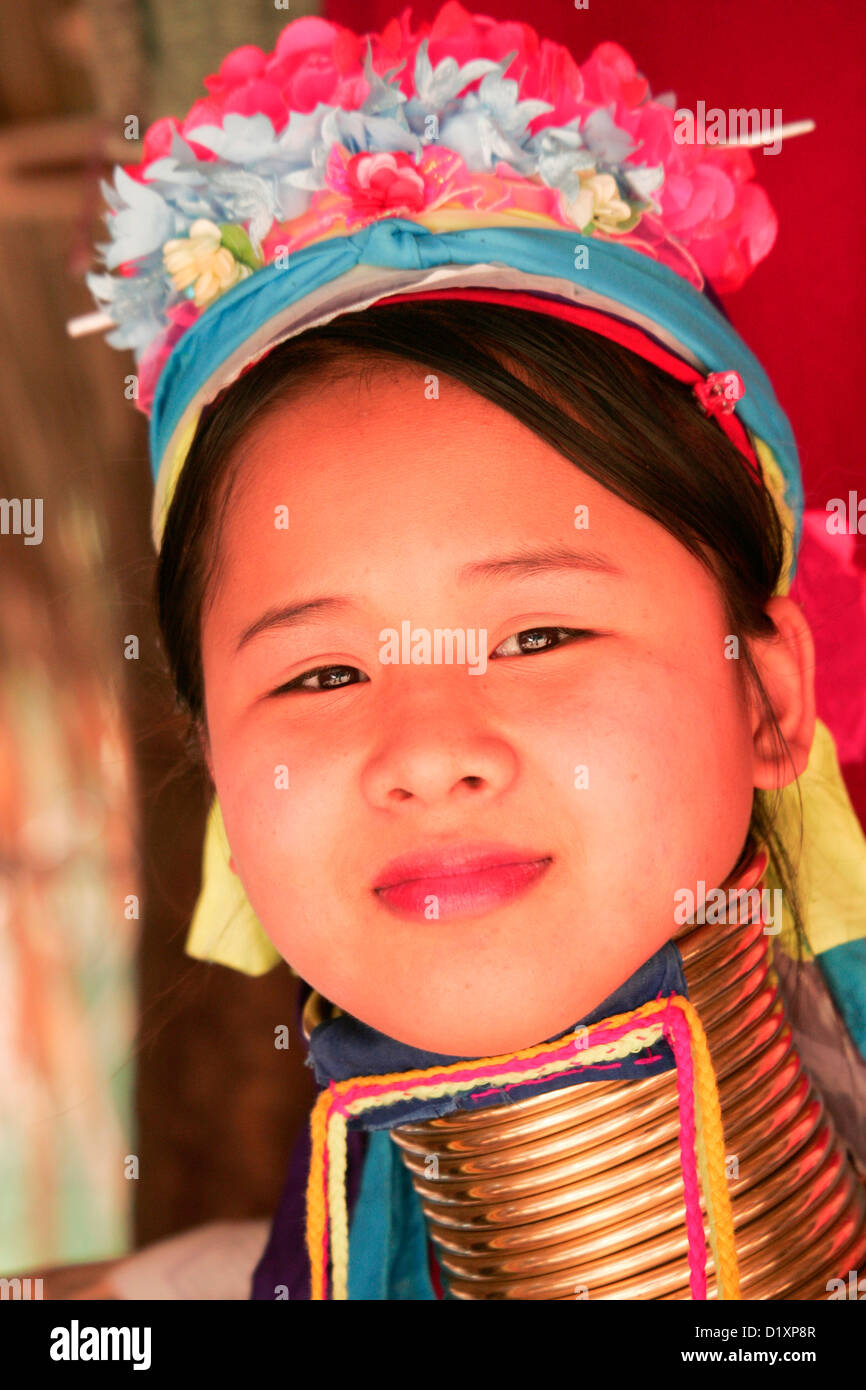 Portrait of a beautiful Padaung girl at a village in Chiang Rai ...