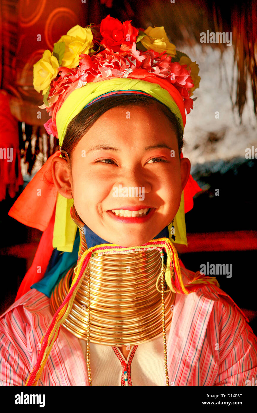 Portrait of a Padaung girl at a village in Chiang Rai, Thailand, South ...