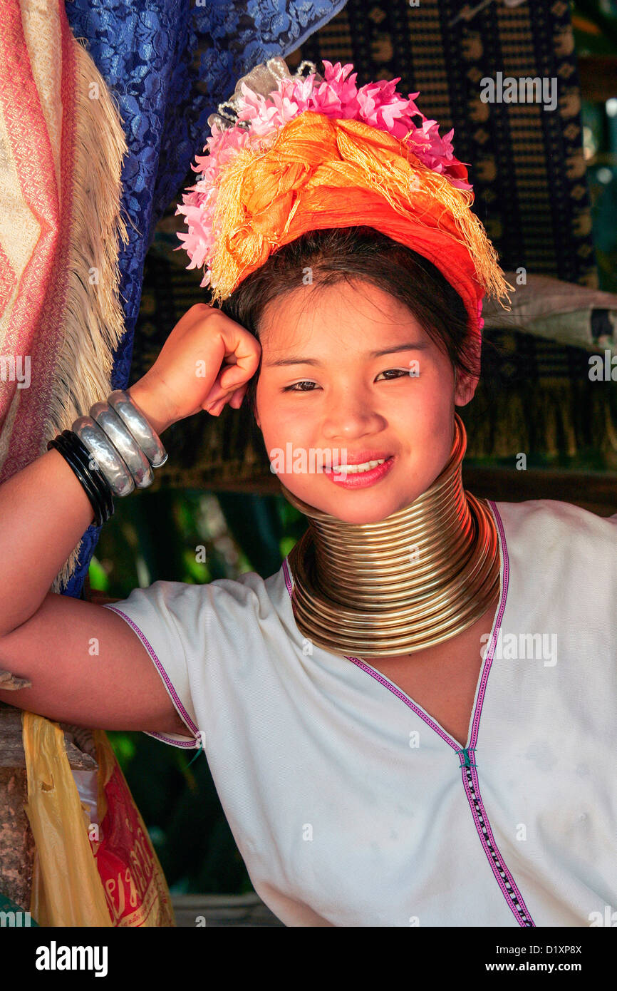Portrait of a beautiful Padaung girl at a village in Chiang Rai Stock ...