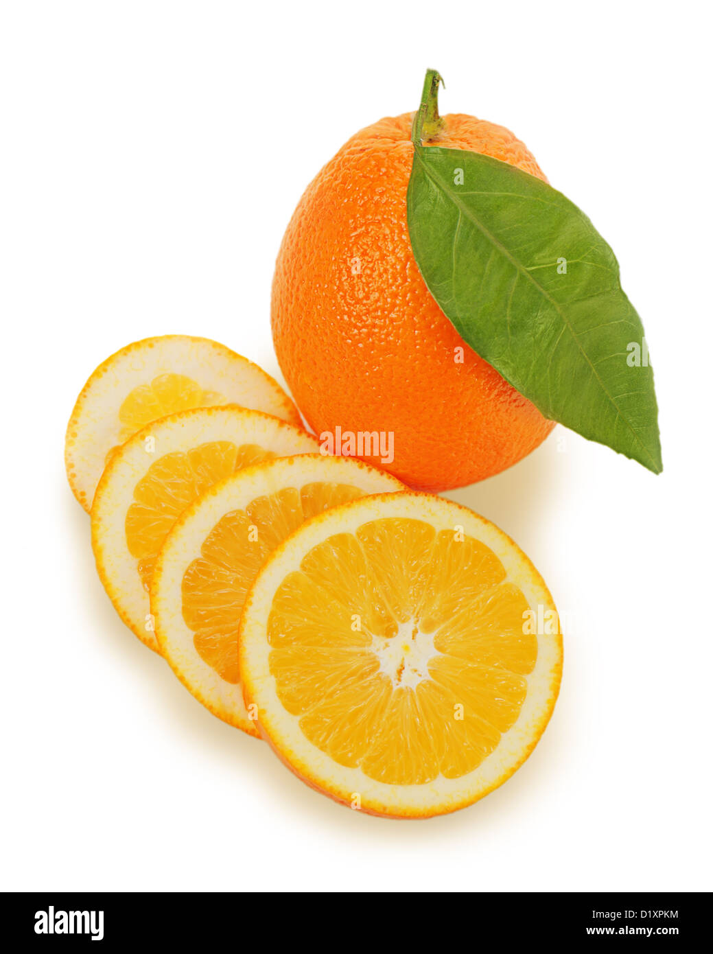 fresh ripe orange fruits with cut and green leaves isolated on white ...