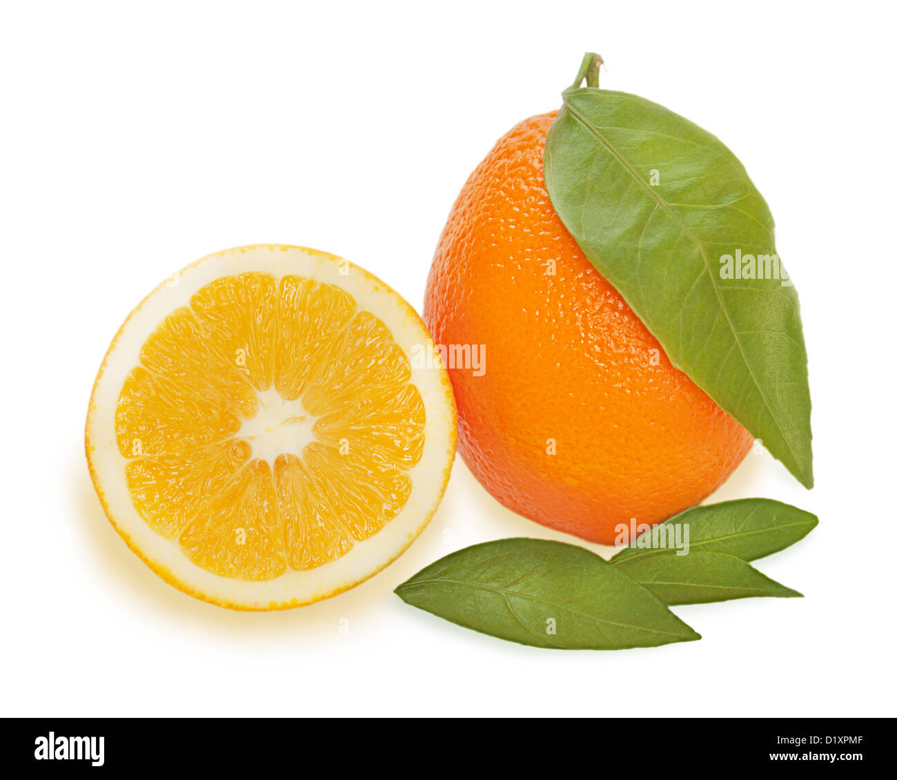 fresh ripe orange fruits with cut and green leaves isolated on white ...
