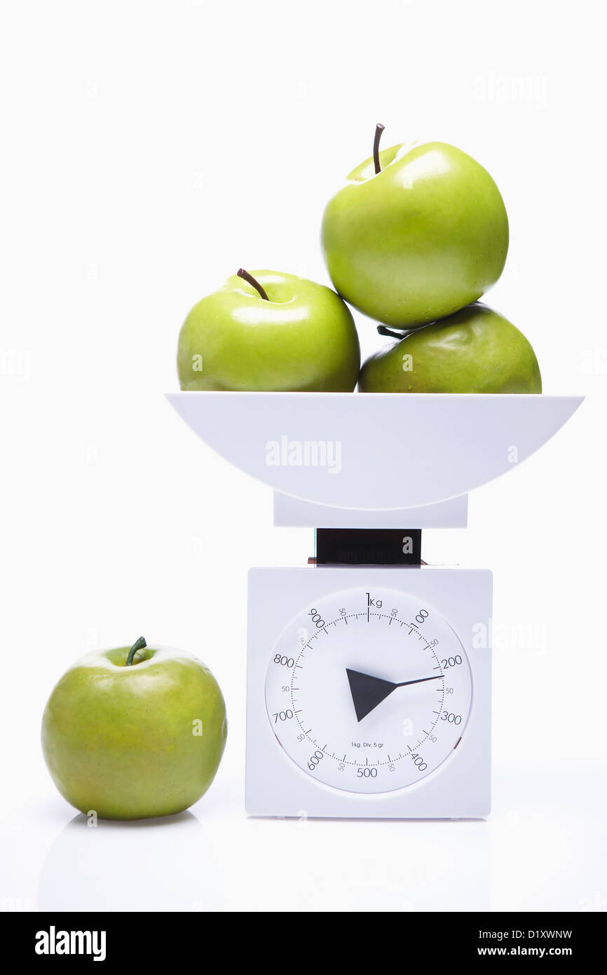 green apples on a measuring scale Stock Photo - Alamy
