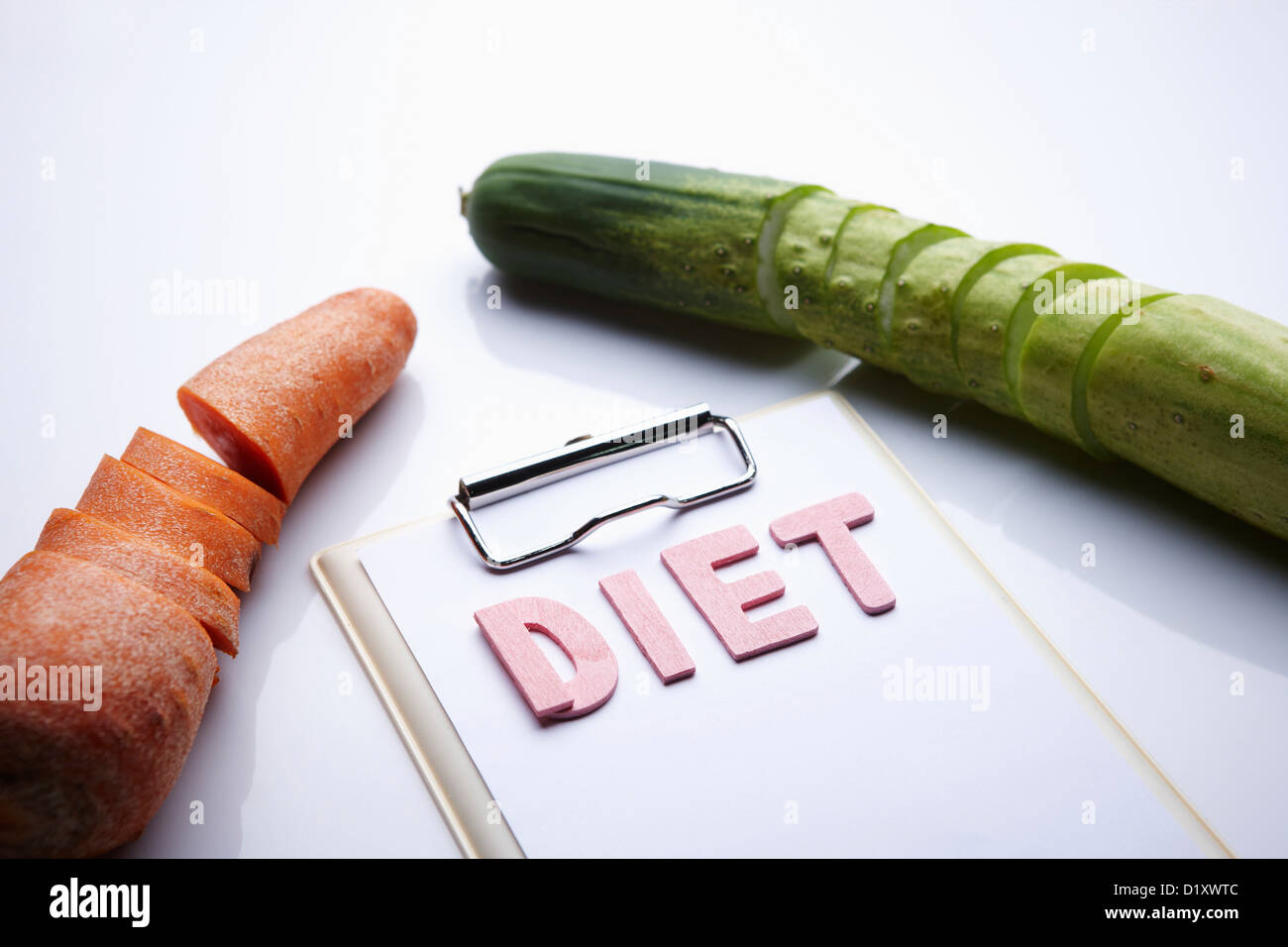 diet written on a memo between chopped carrot and cucumber Stock Photo - Alamy
