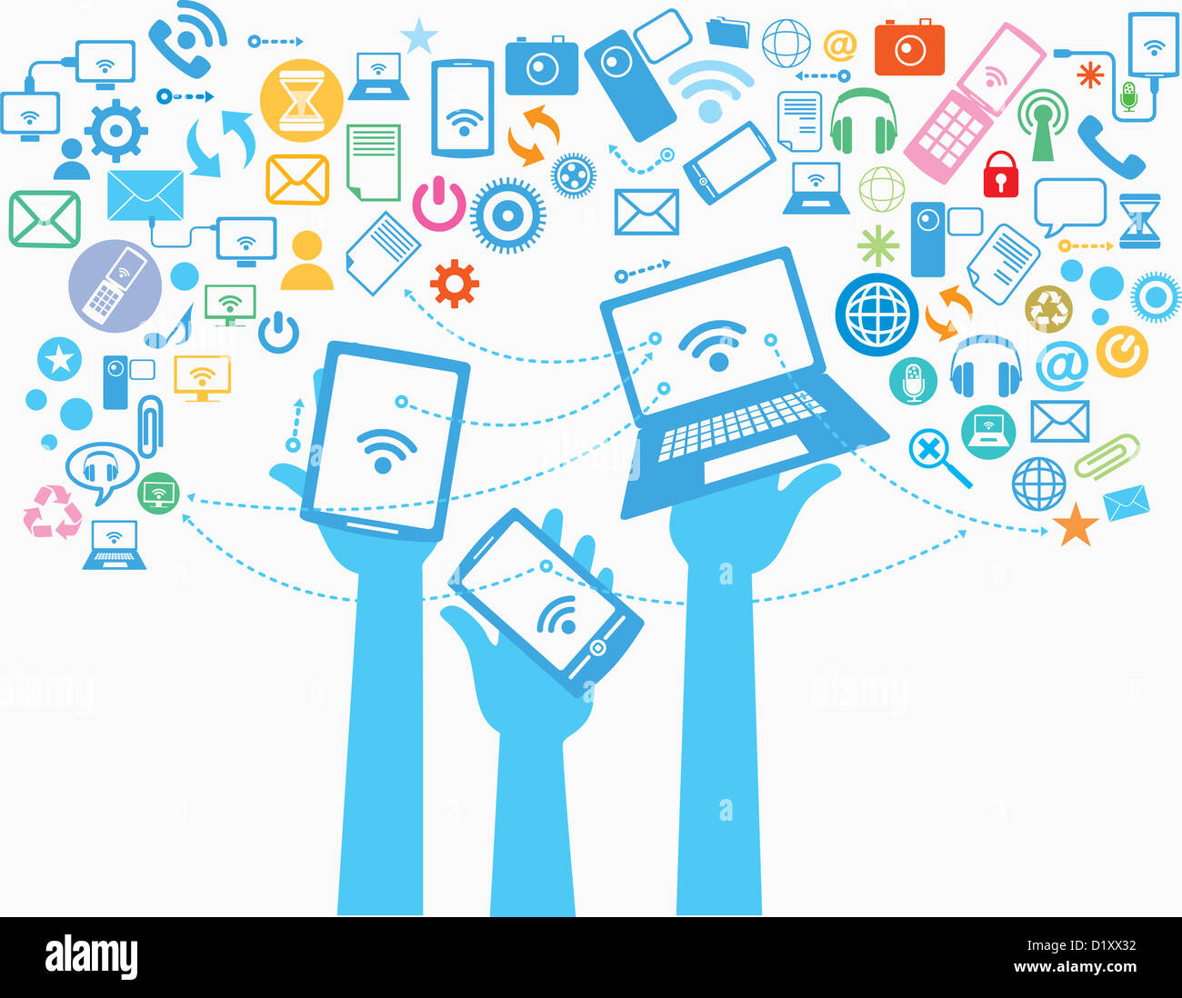 hands with mobile devices and mobile application icons floating in the ...
