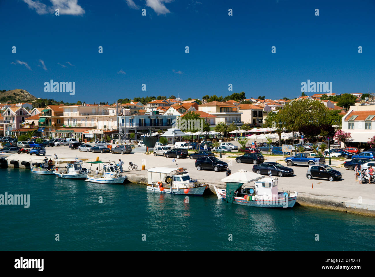 Fishing boats moored in harbour, Lixouri, Kefalonia, Ionian Islands ...