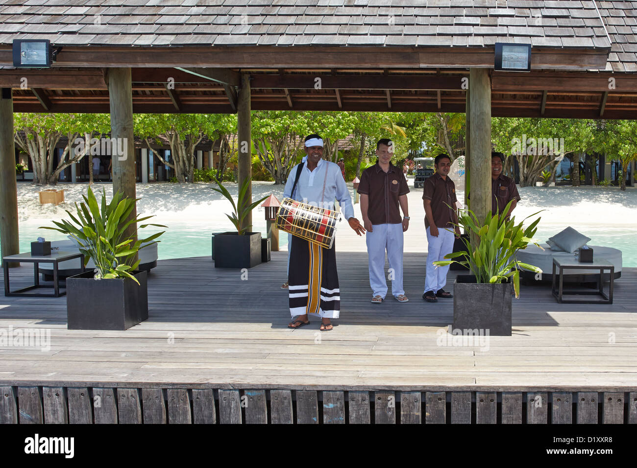 Traditional Bodu Beru drummer at Lily Beach resort in the Maldives ...