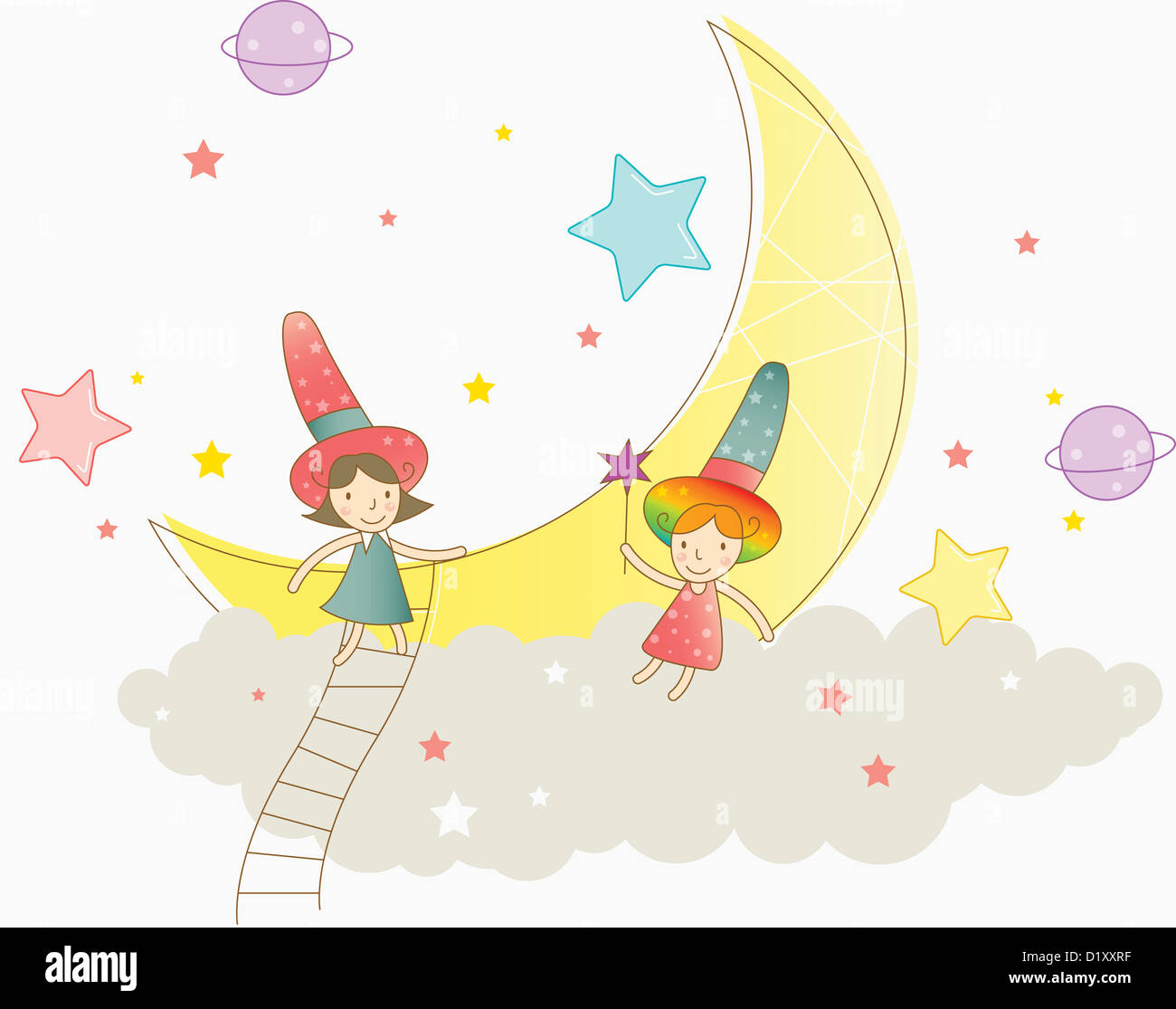 illustration of human cartoon characters on a cloud with a moon Stock ...