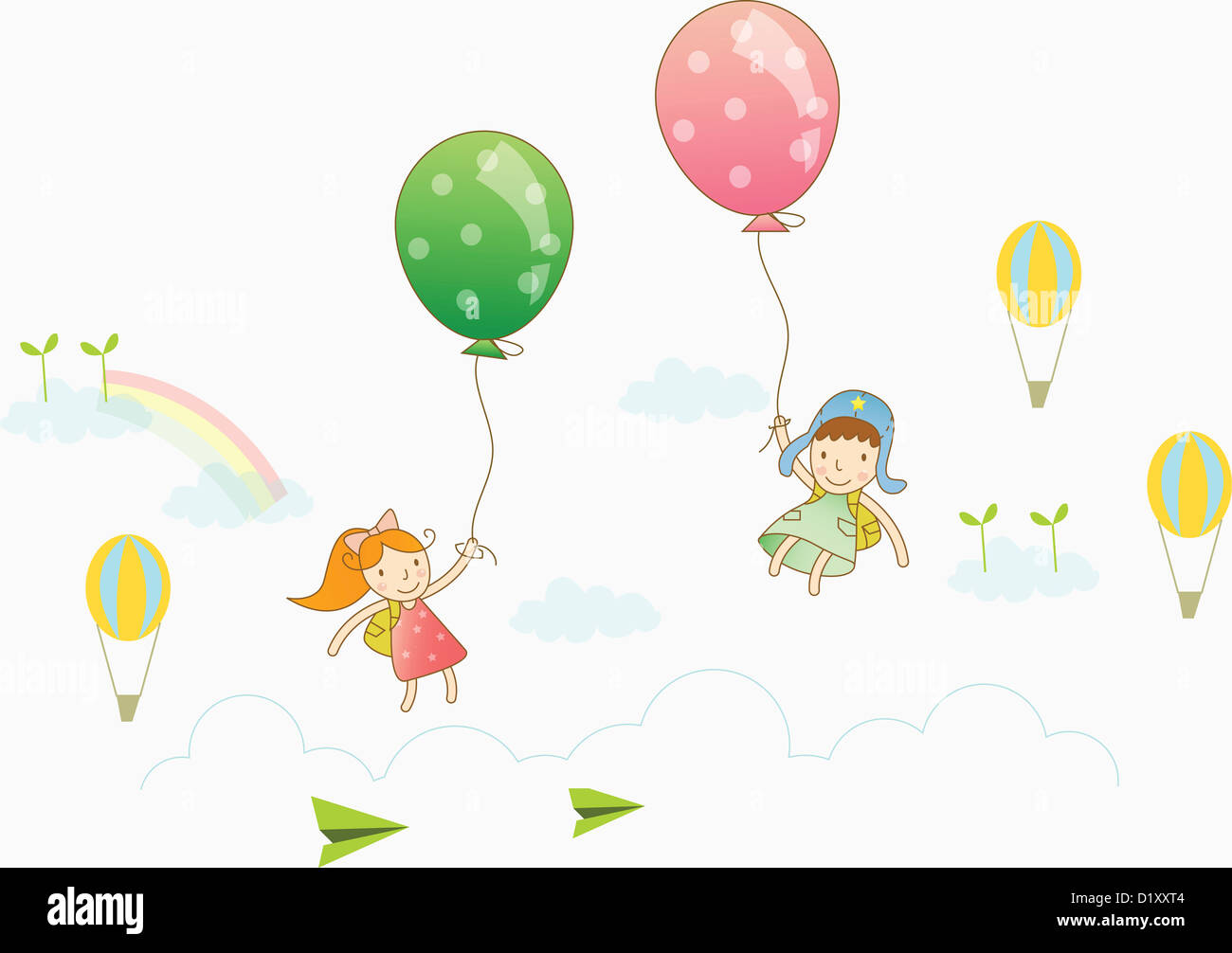 illustration of human cartoon characters flying with balloons Stock ...