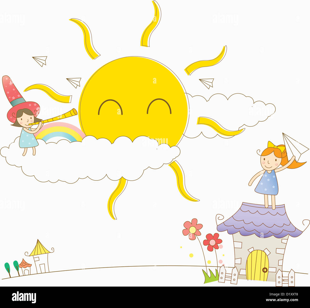 illustration of human cartoon characters and a smiling sun Stock Photo ...