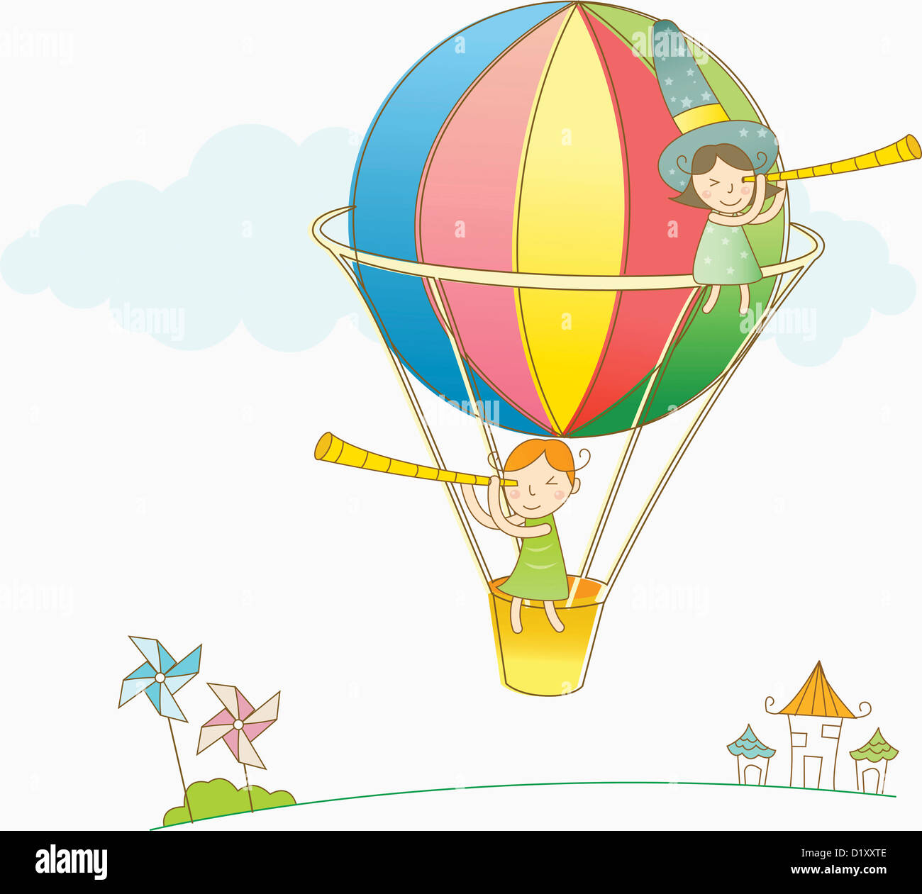 illustration of human cartoon characters on a hot air balloon Stock ...