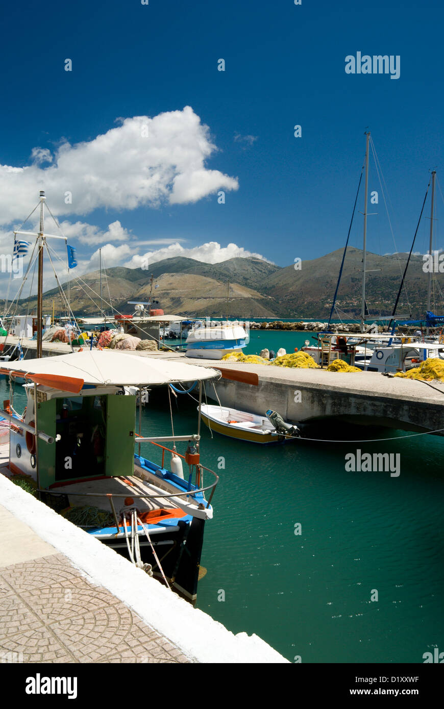 Fishing boats moored in harbour, Lixouri, Kefalonia, Ionian Islands ...