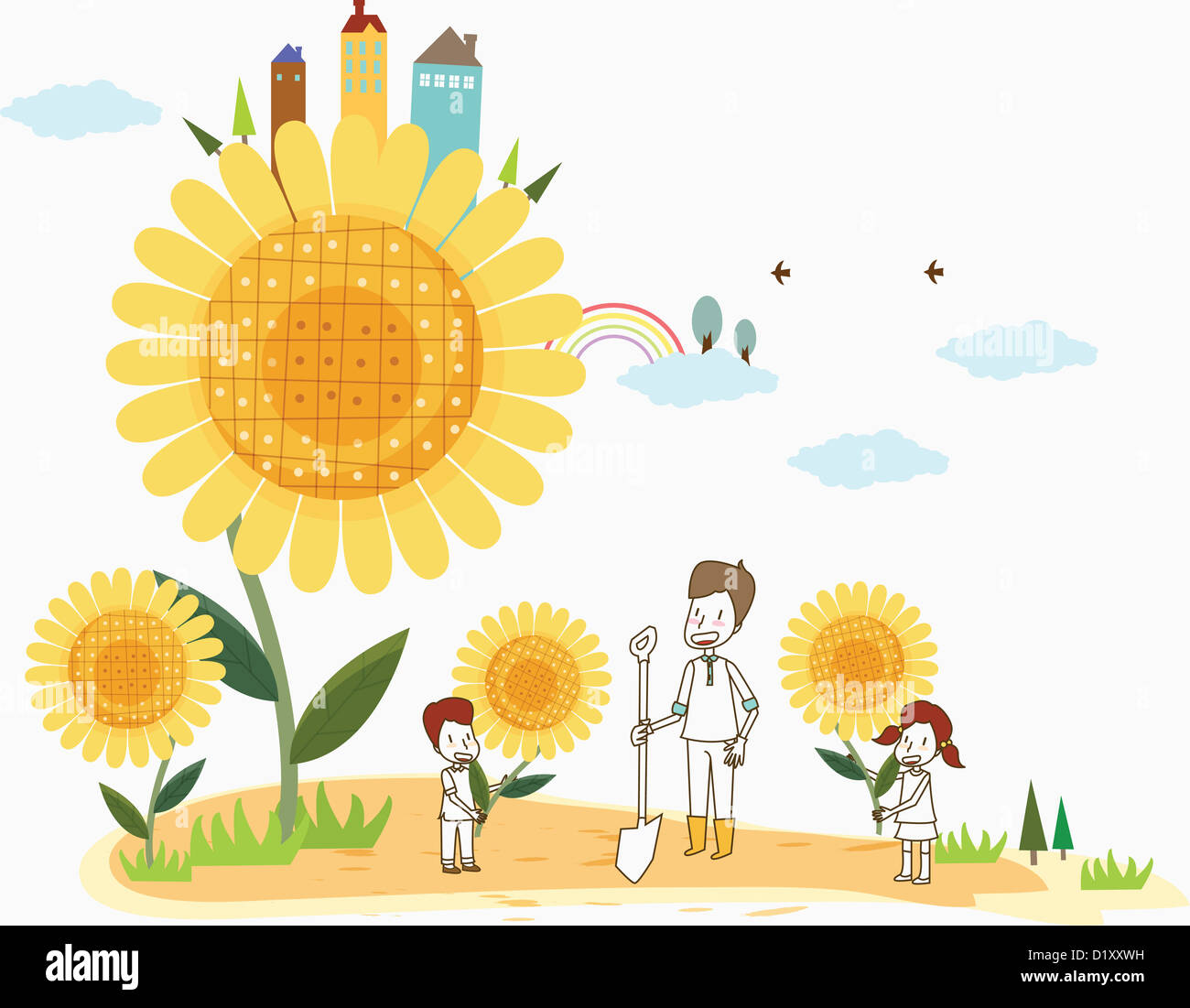 illustration of a family planting sunflowers Stock Photo - Alamy