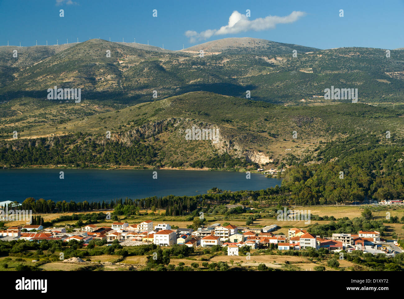 view across argostoli bay from hillside above argostoli, kefalonia ...