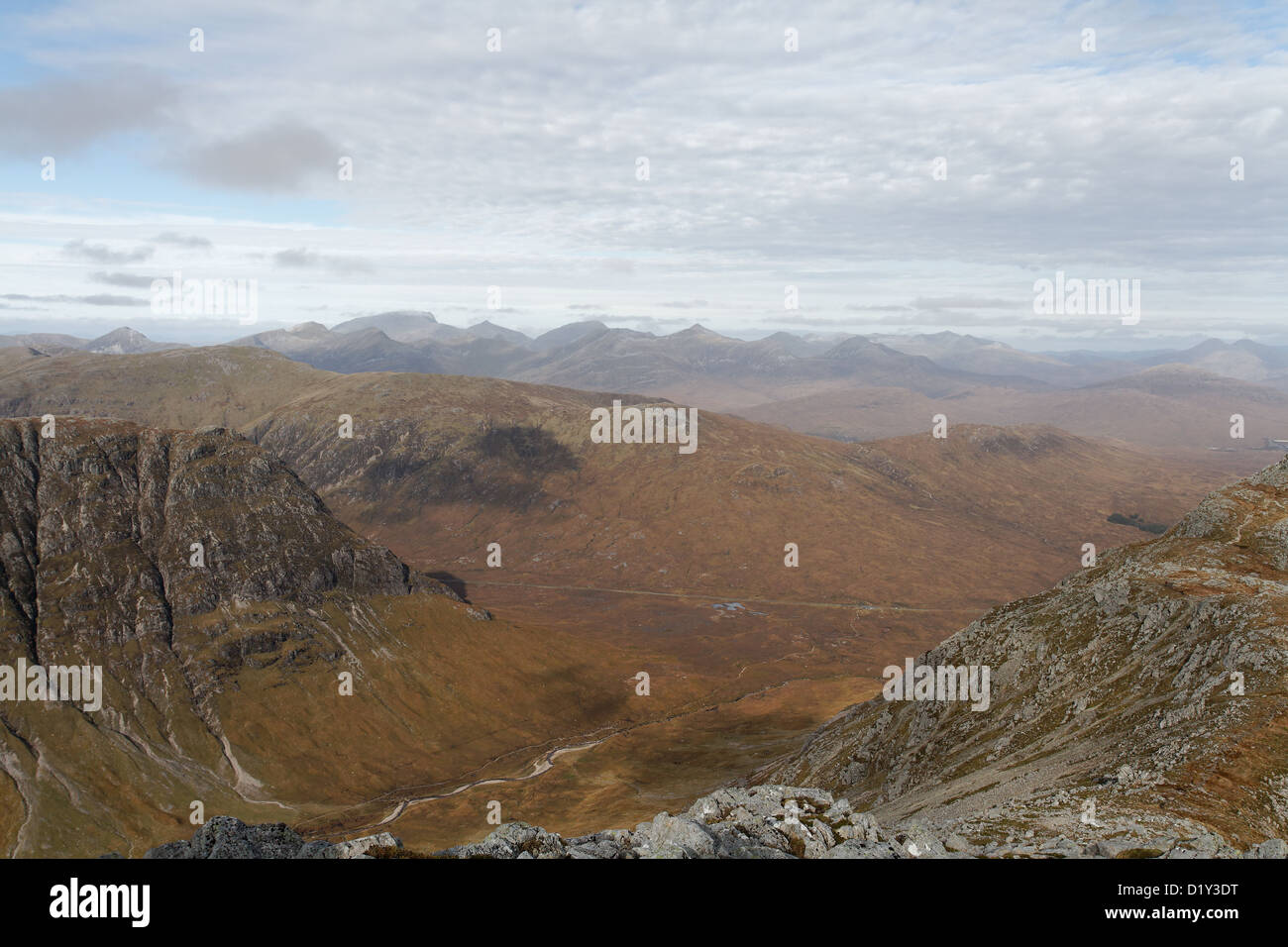 View across Glencoe towards Ben Nevis, the Mamores and the Grey Corries ...