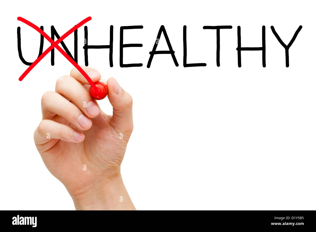 Hand turning the word Unhealthy into Healthy with red marker isolated ...