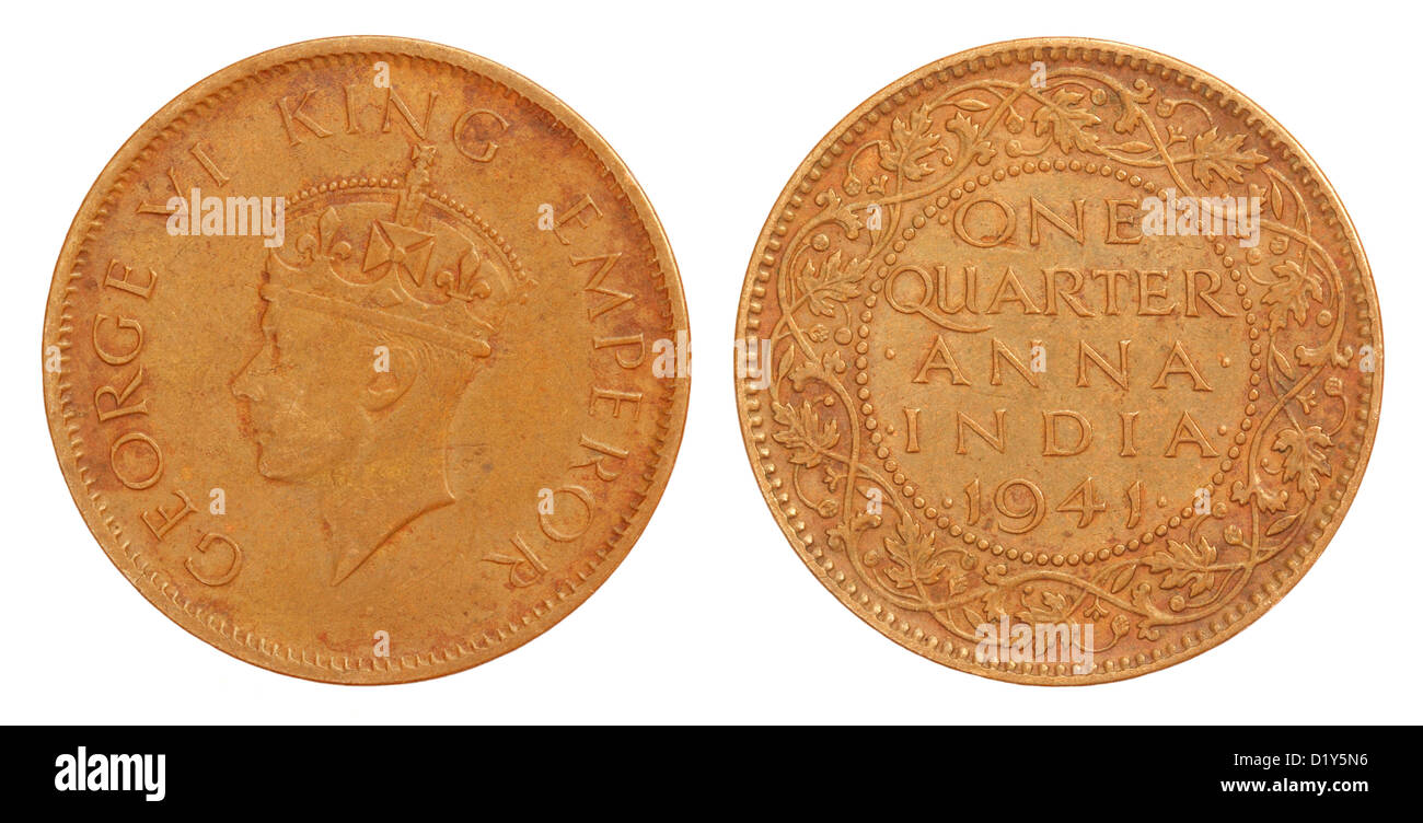 Old Indian One Quarter Anna Coin of 1941 Stock Photo - Alamy