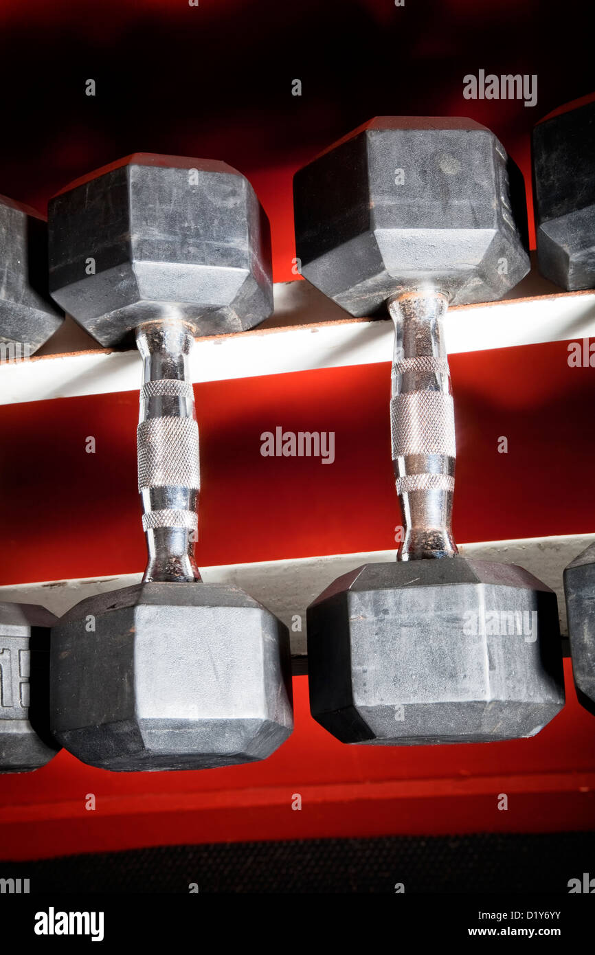 Steel and iron dumbbells on a steel rack Stock Photo - Alamy
