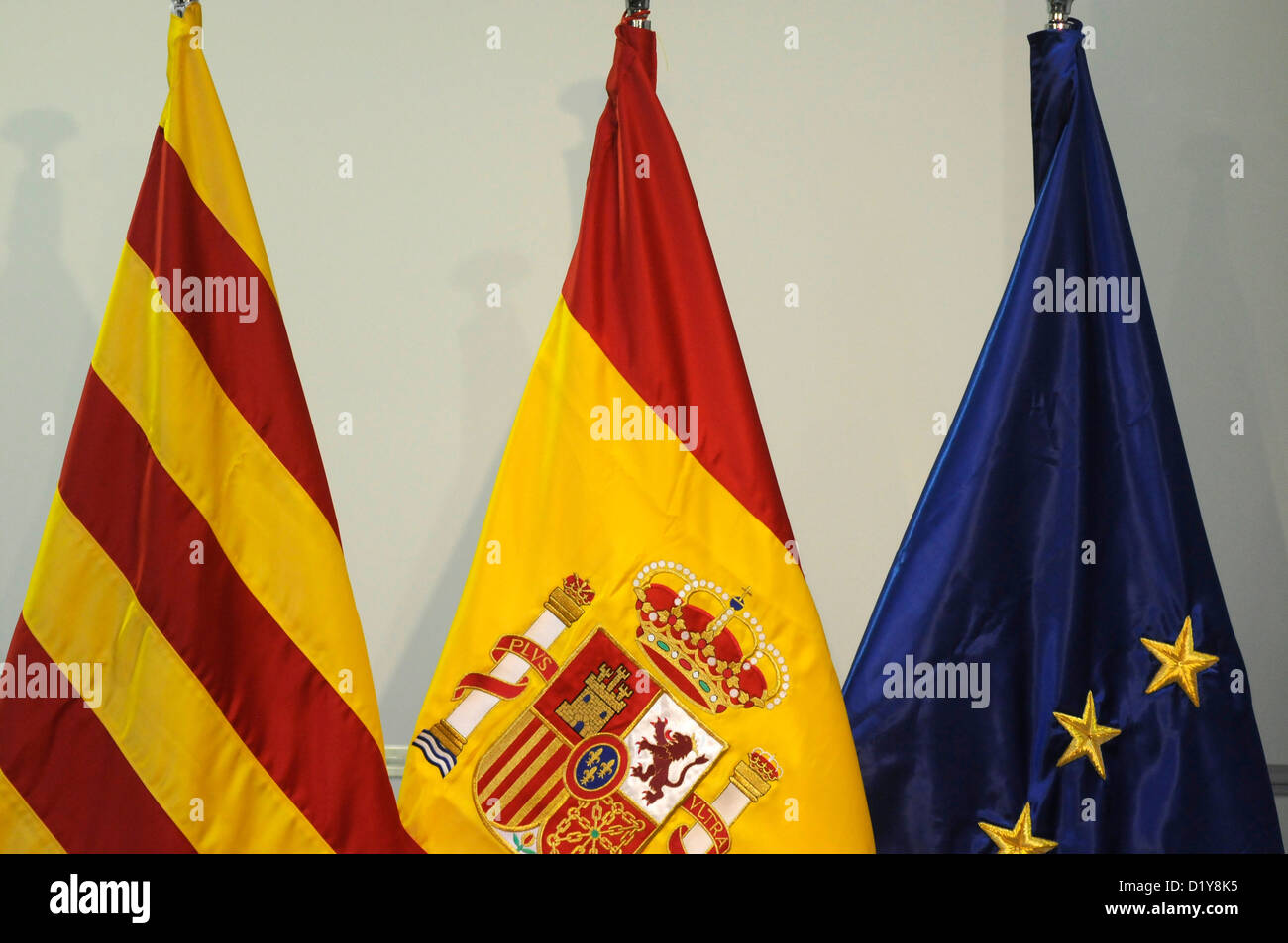flags The European Flag the Spanish Flag and de Catalonia Flag together ...