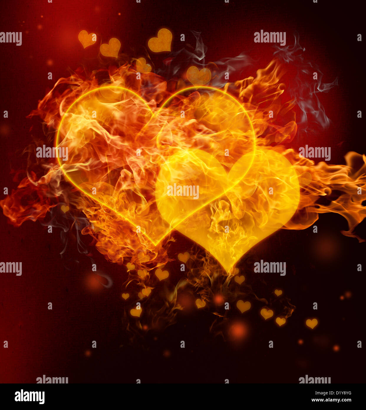 Fire Hearts and small hearts on black background Stock Photo - Alamy