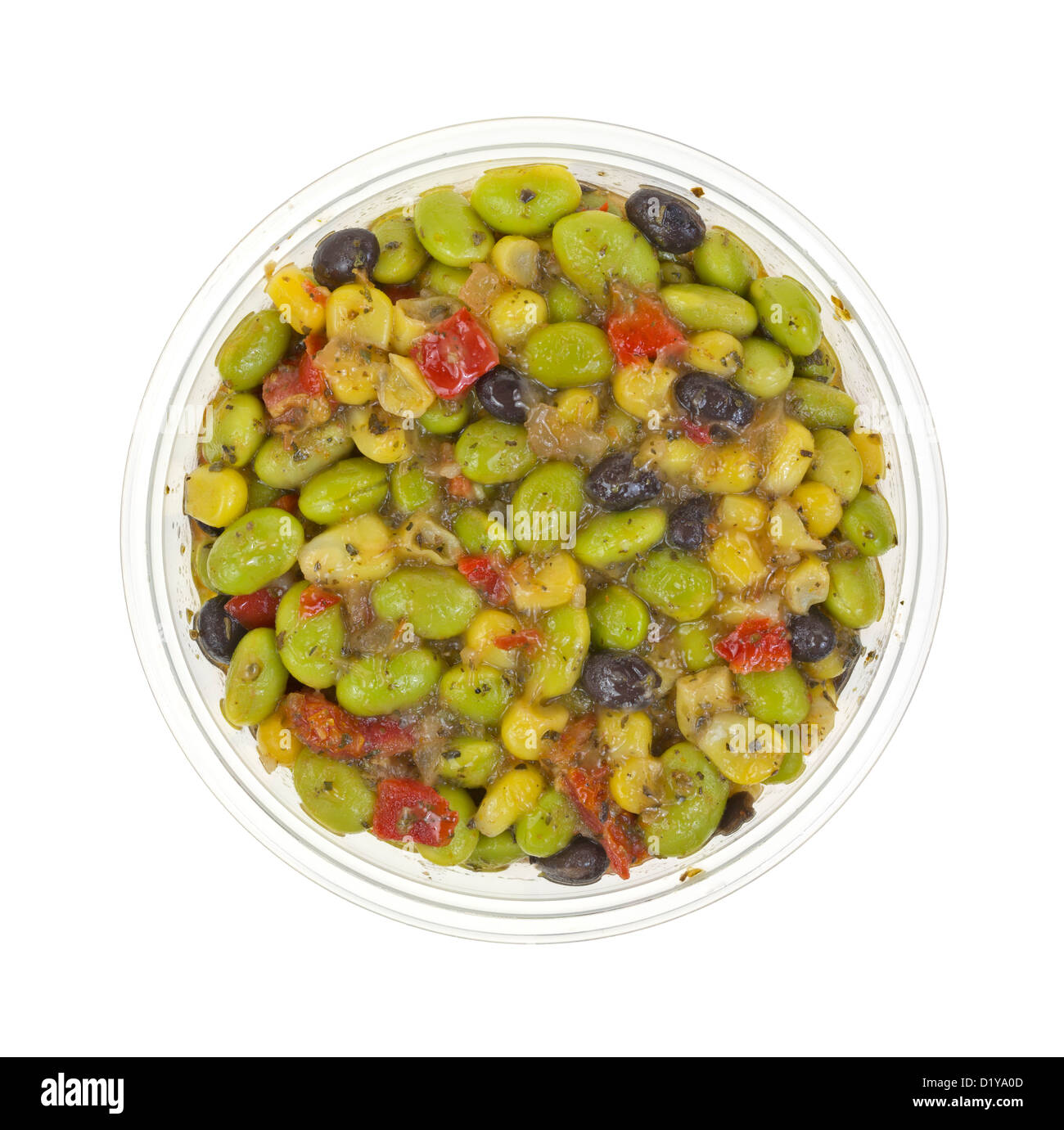 A plastic container filled with edamame salad on a white background ...