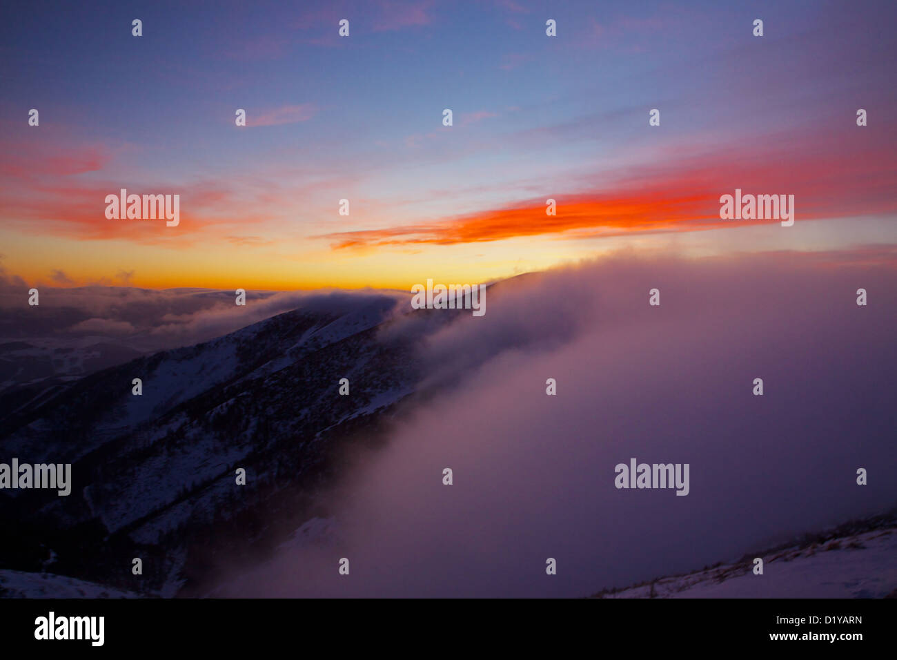 Picturesque sunset in Slovakia mountains of Low Tatras, popular skiing ...