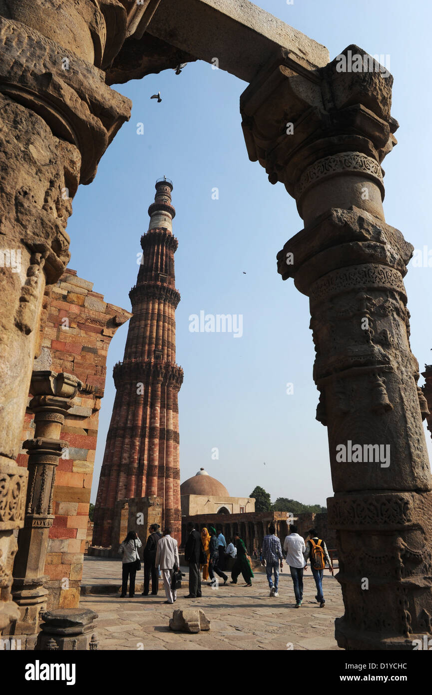 View of the Qutb Minar on the grounds of the Qutb complex in Delhi ...