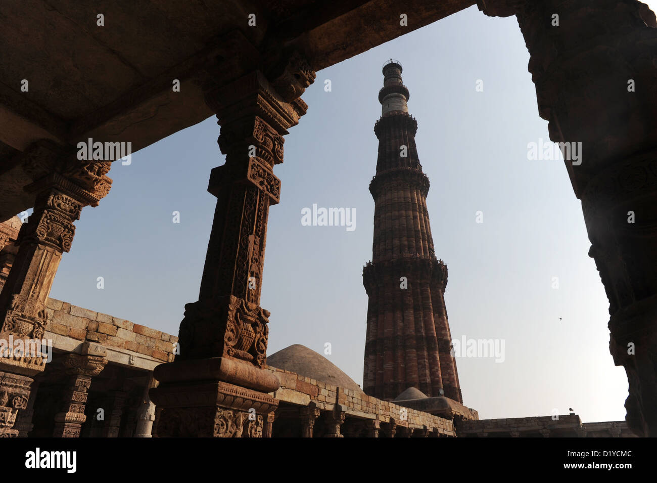 View of the Qutb Minar on the grounds of the Qutb complex in Delhi ...