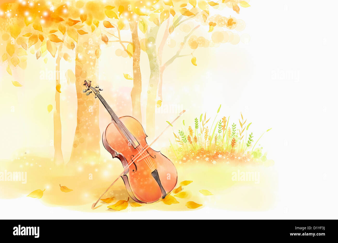 painting illustration of a cello with autumn trees Stock Photo - Alamy