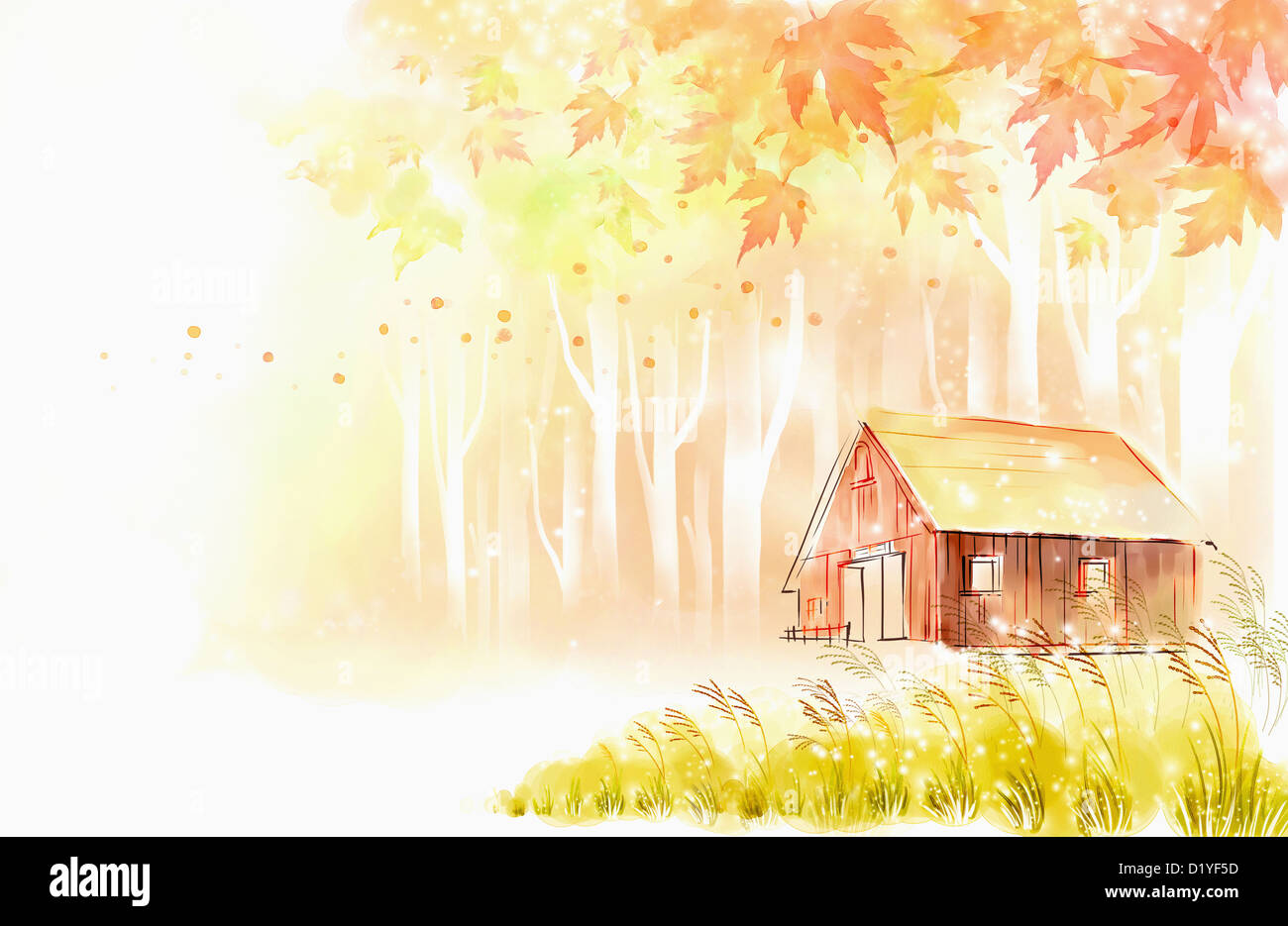 painting illustration of a house in autumn Stock Photo - Alamy