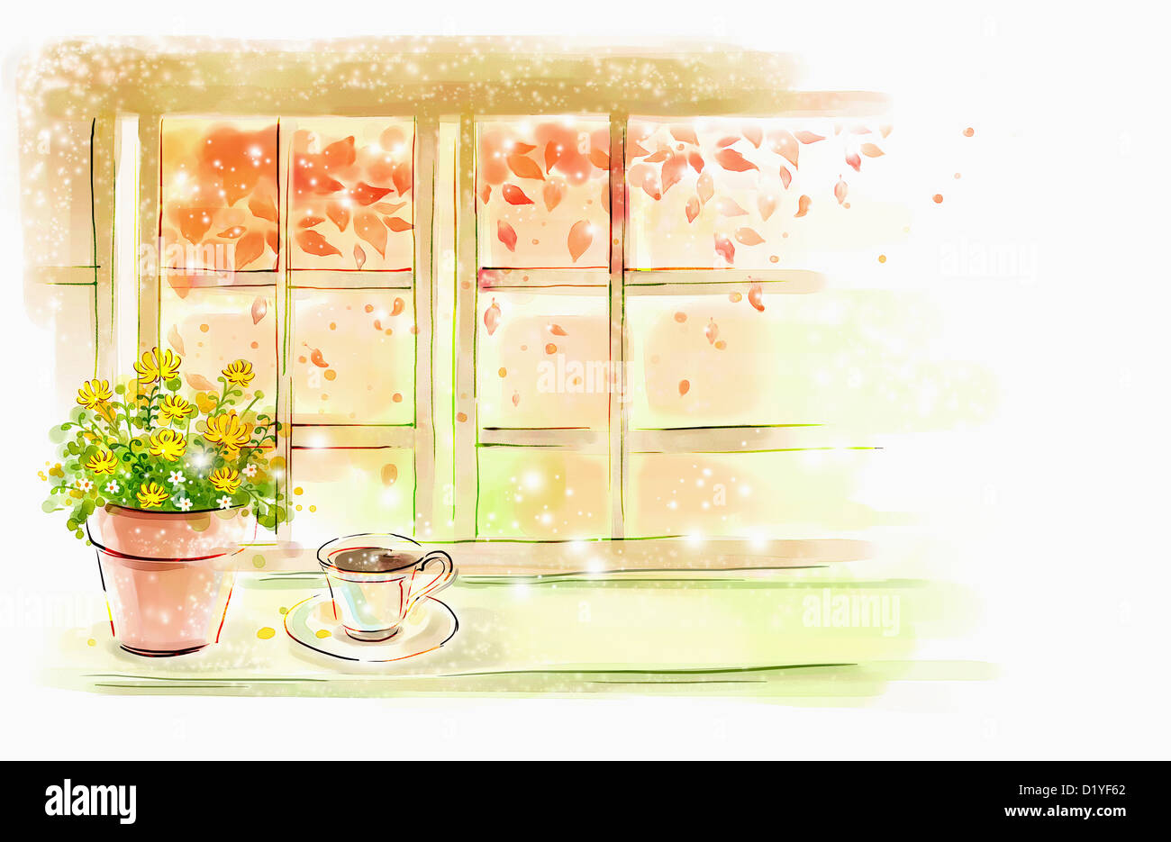 painting illustration of a cup of coffee and plant by a window in ...