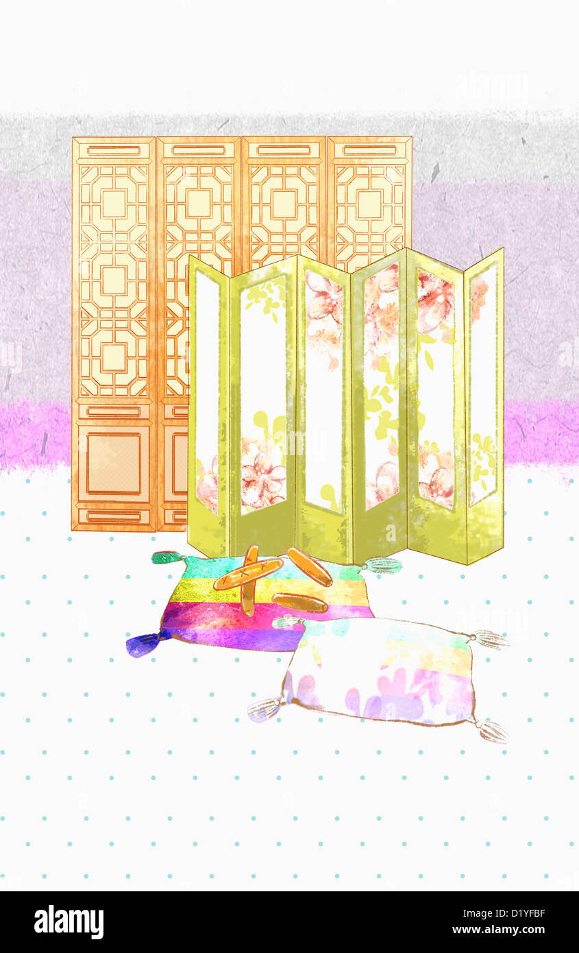 Korean painting of folding screens in a room Stock Photo - Alamy