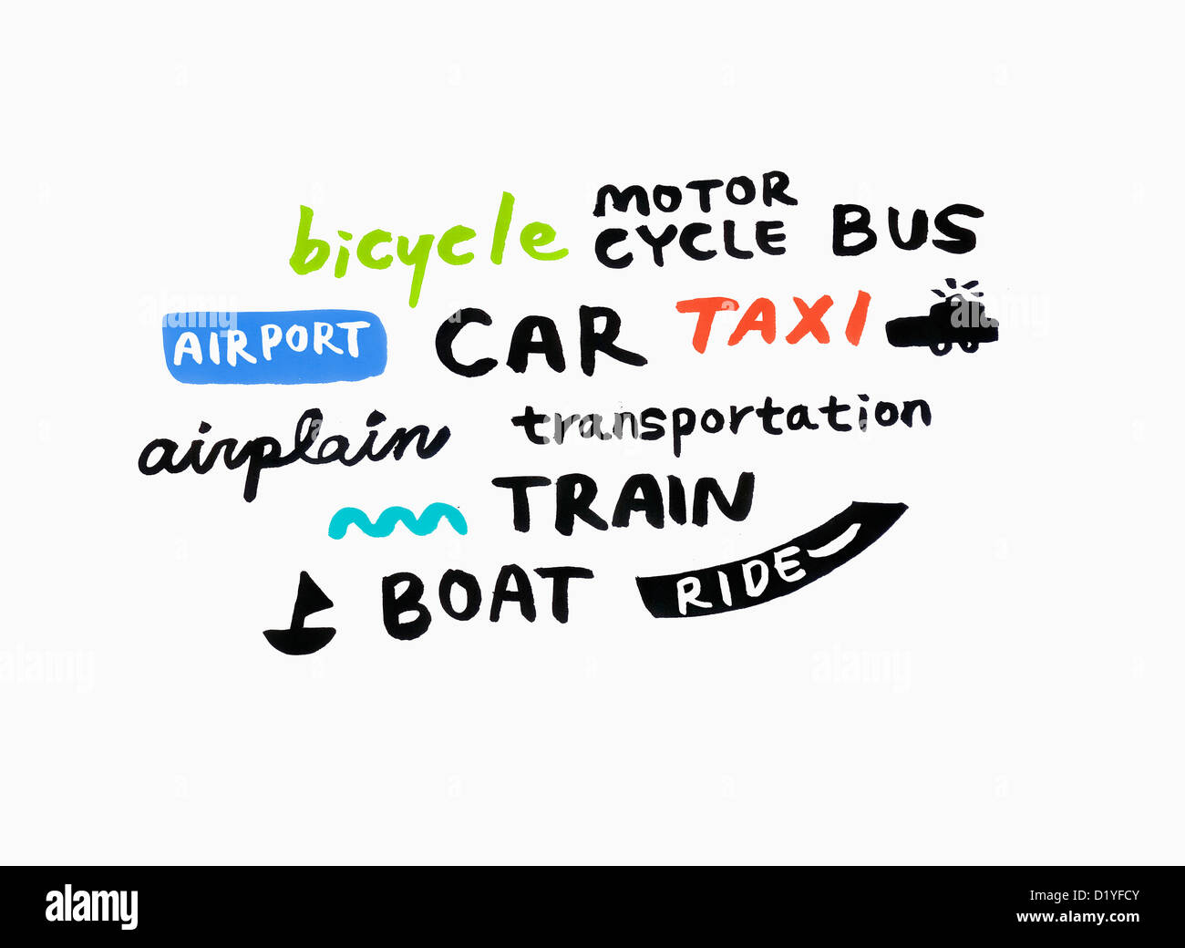 kinds of transportations written in different fonts and colours Stock ...