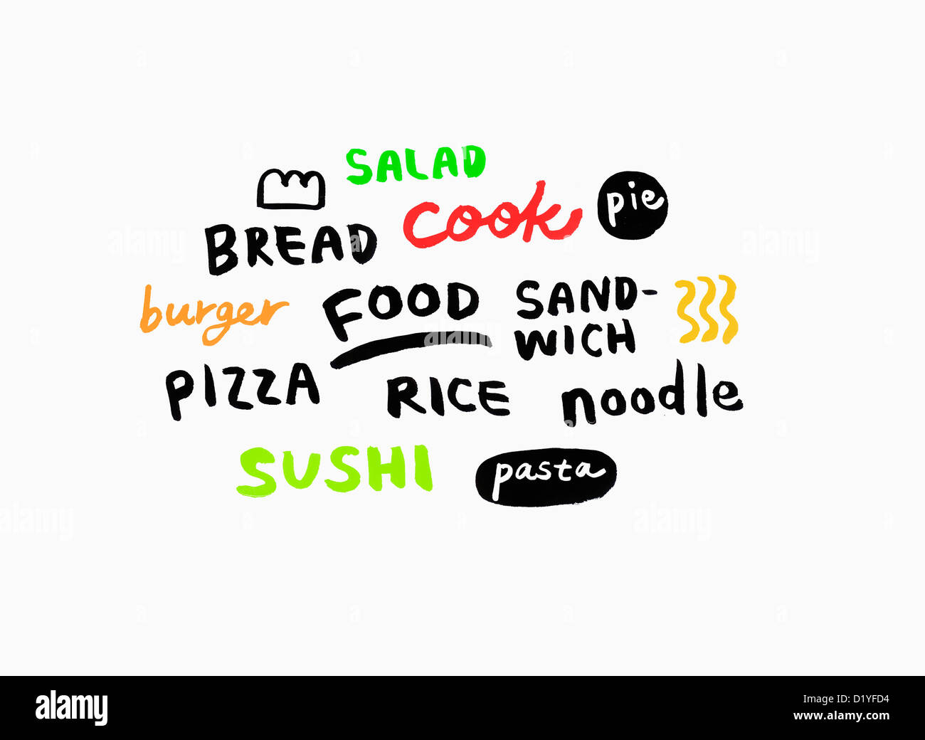 name of foods written in different fonts and colours Stock Photo - Alamy