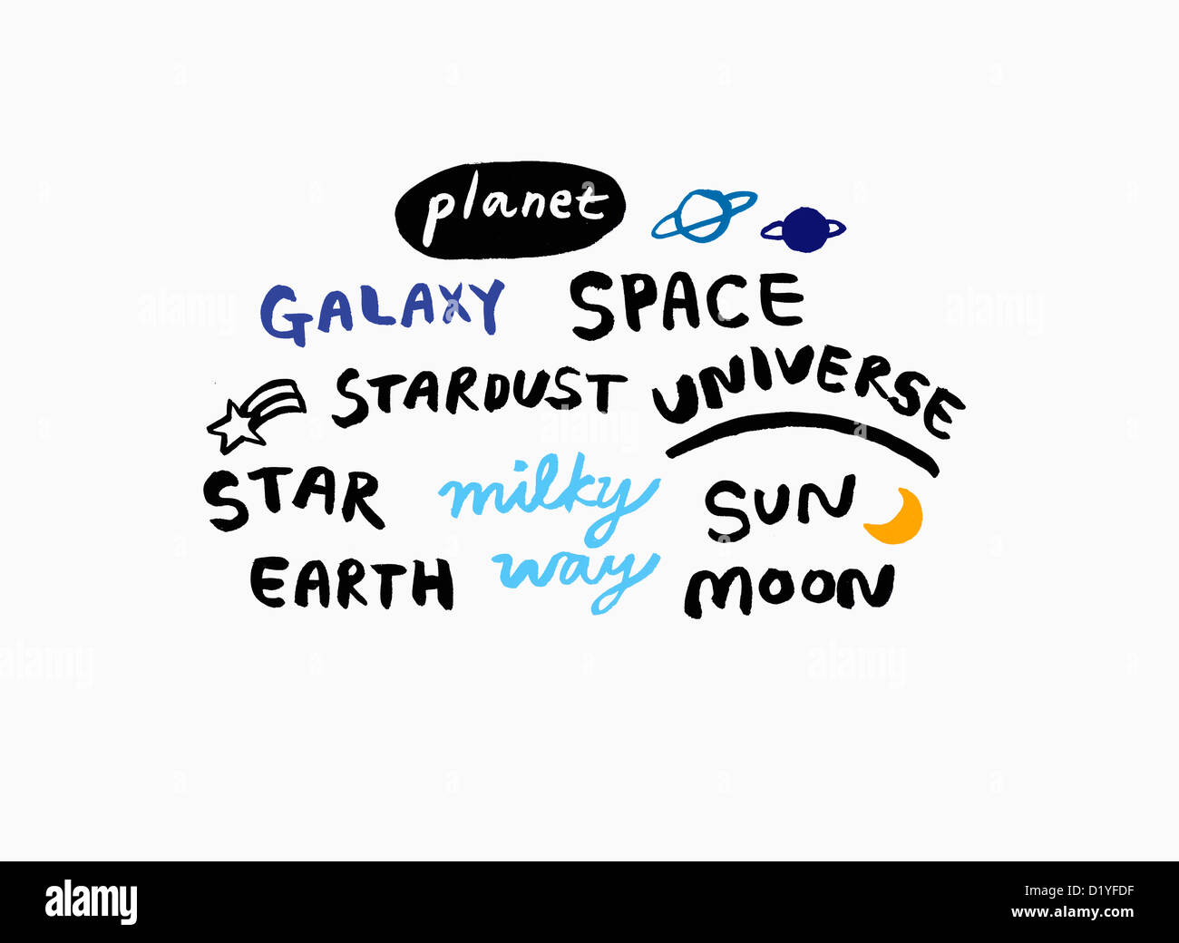 Words Related To Space Written In Different Fonts And Colours Stock
