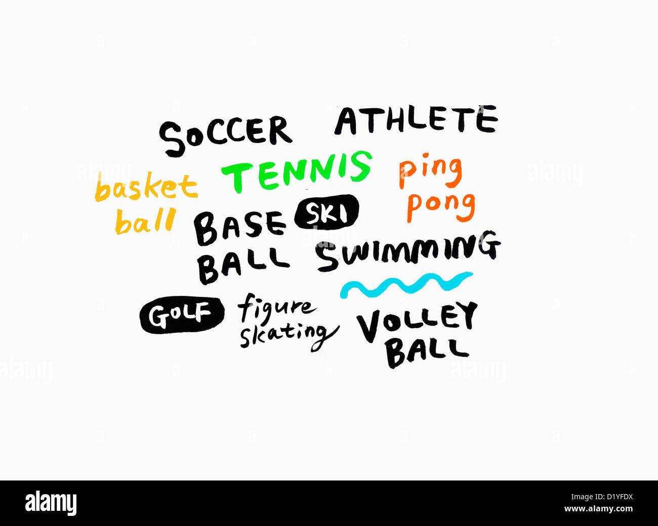 sports written in different fonts and colours Stock Photo - Alamy