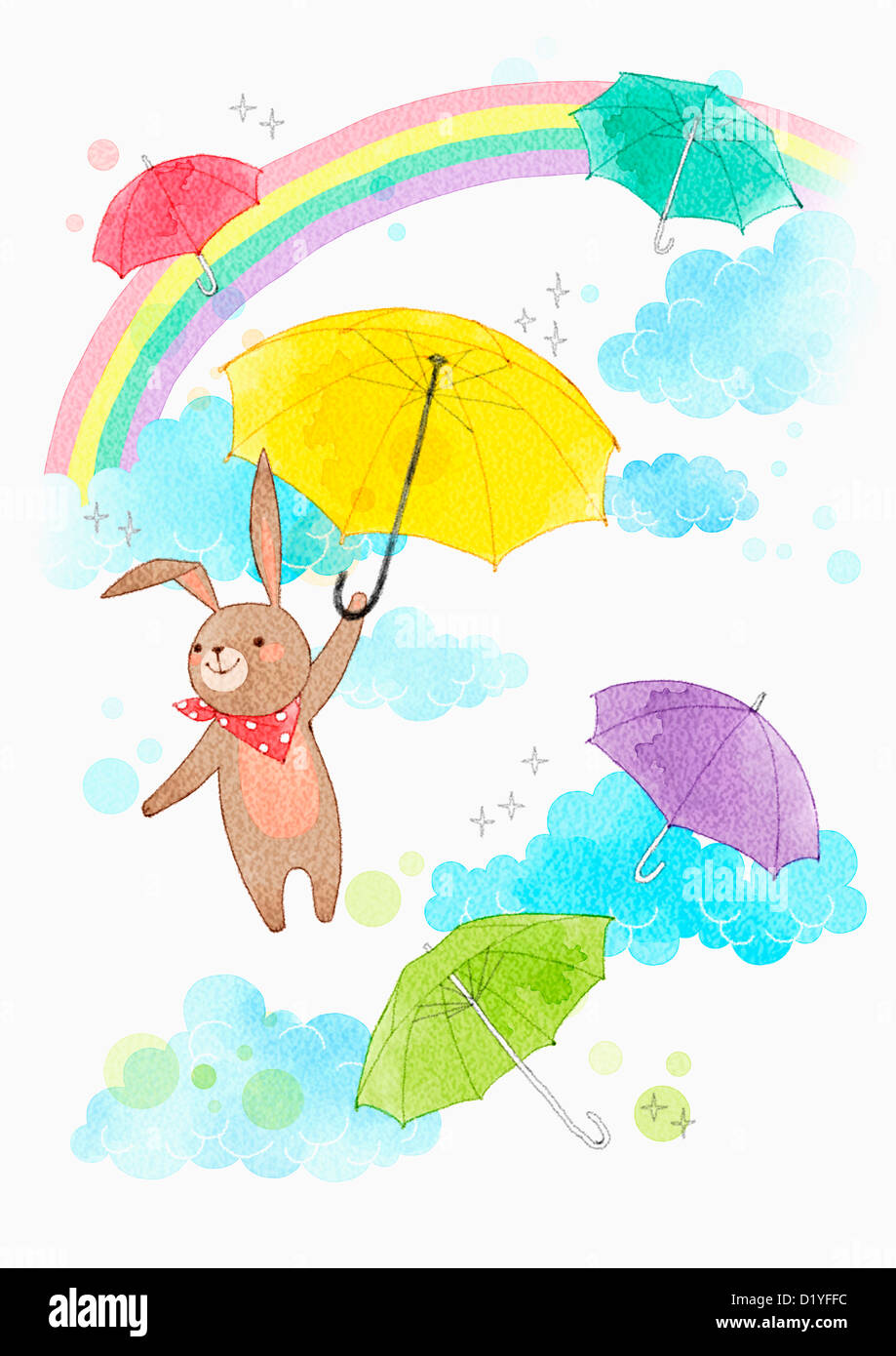 illustration of a rabbit flying in the sky with an umbrella Stock Photo ...
