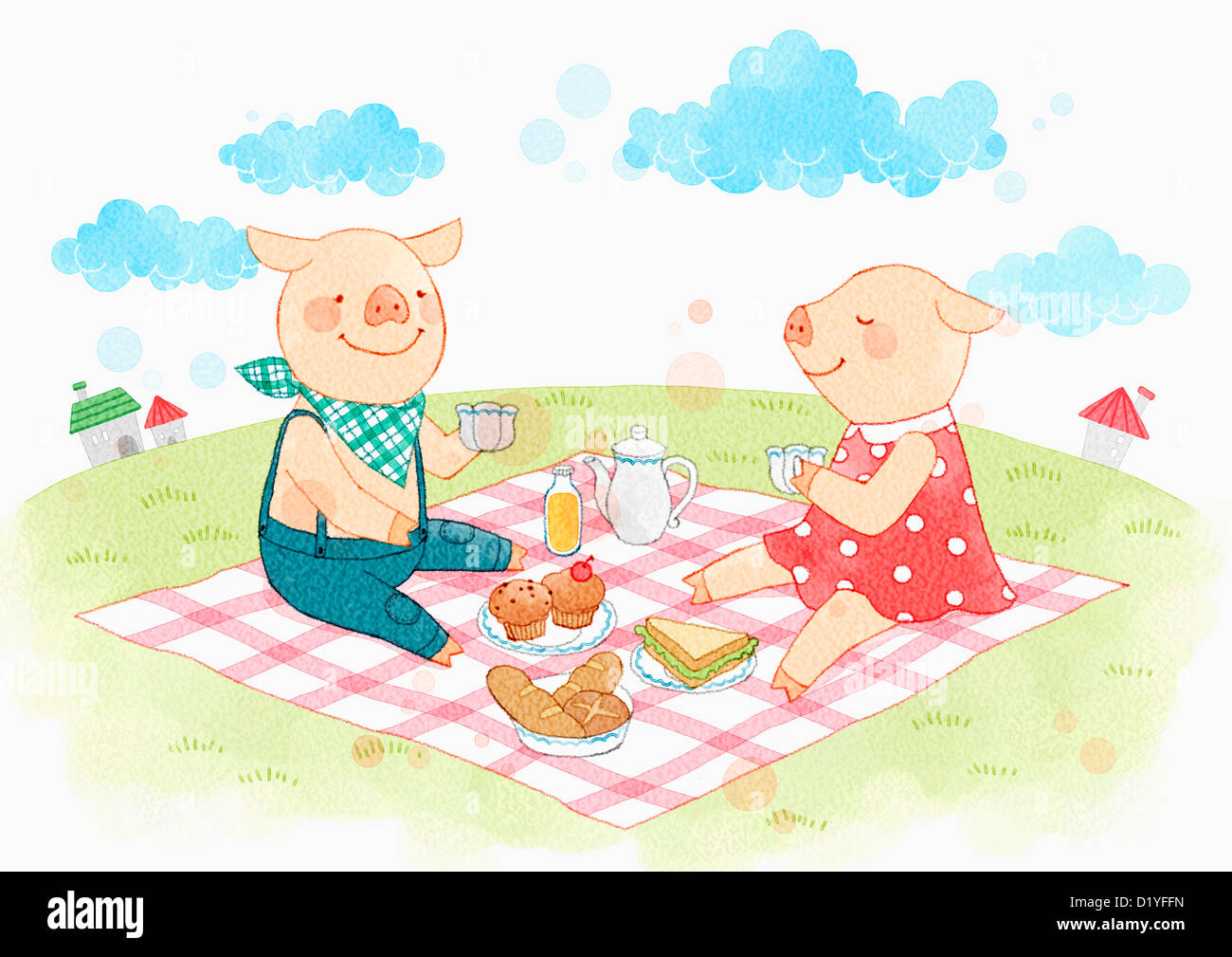 illustration of pig couple having a picnic Stock Photo - Alamy