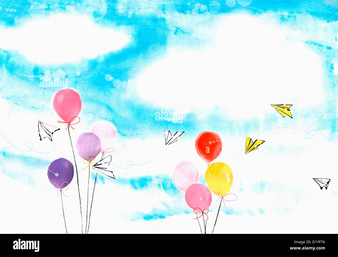 illustration of balloons and flying paper planes Stock Photo - Alamy