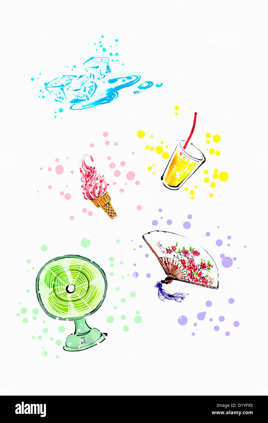 illustration of summer cooling items Stock Photo - Alamy