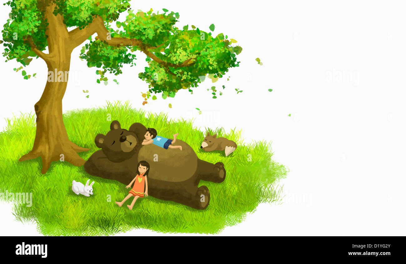 illustration of kids and a bear having a rest under a tree Stock Photo ...