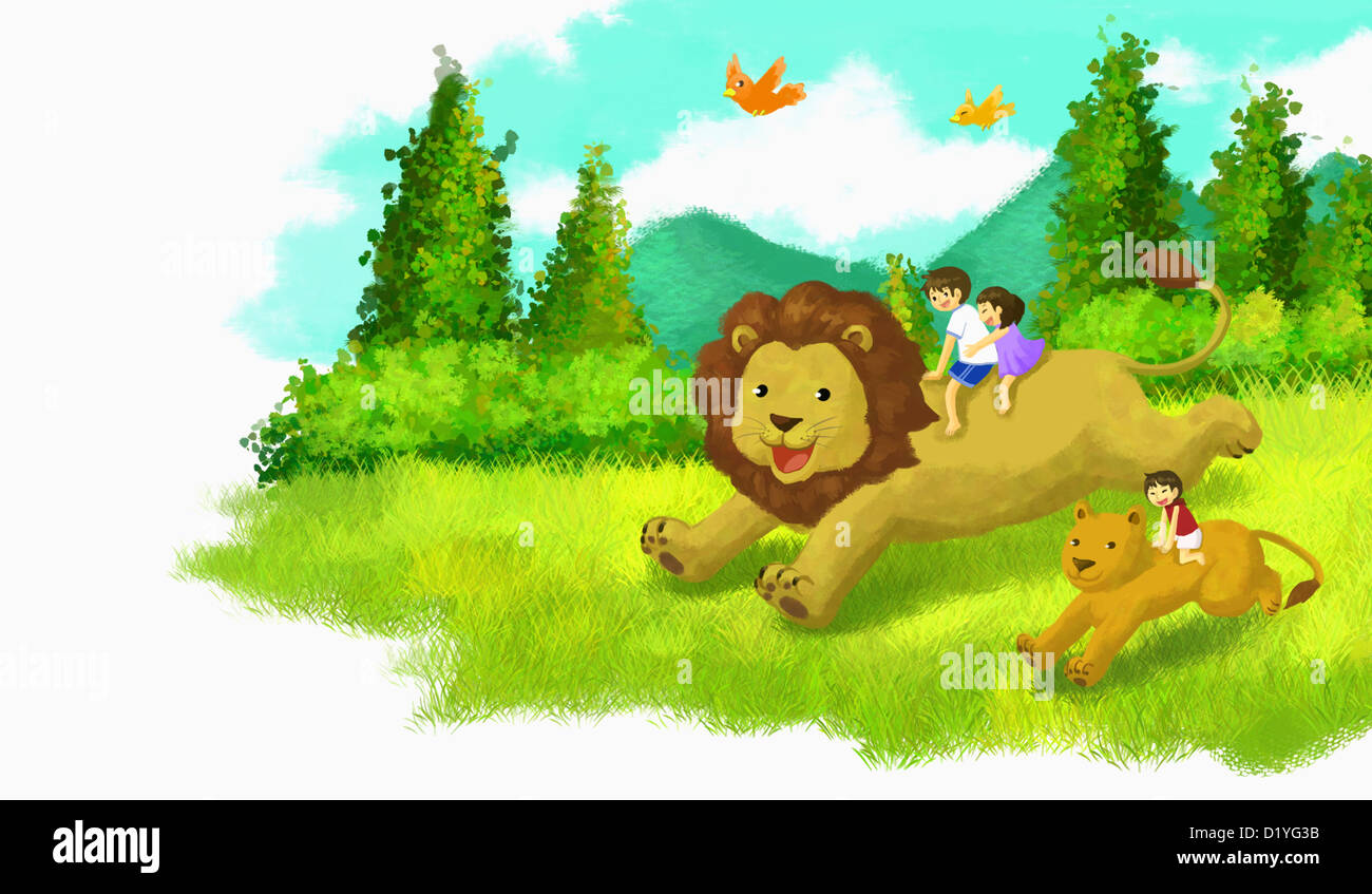 illustration of kids playing with lions Stock Photo - Alamy
