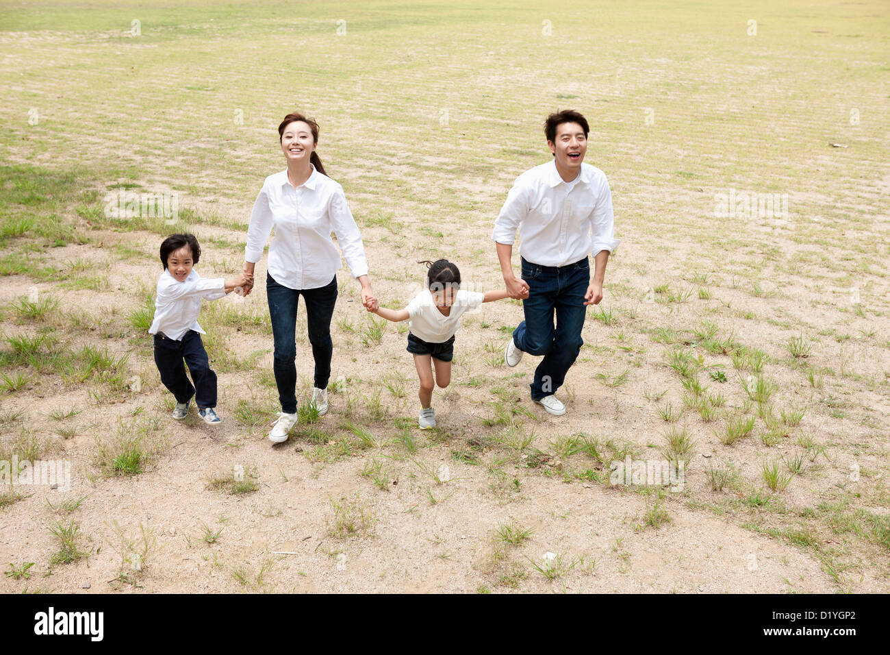 Family running hand in hand on a field Stock Photo - Alamy